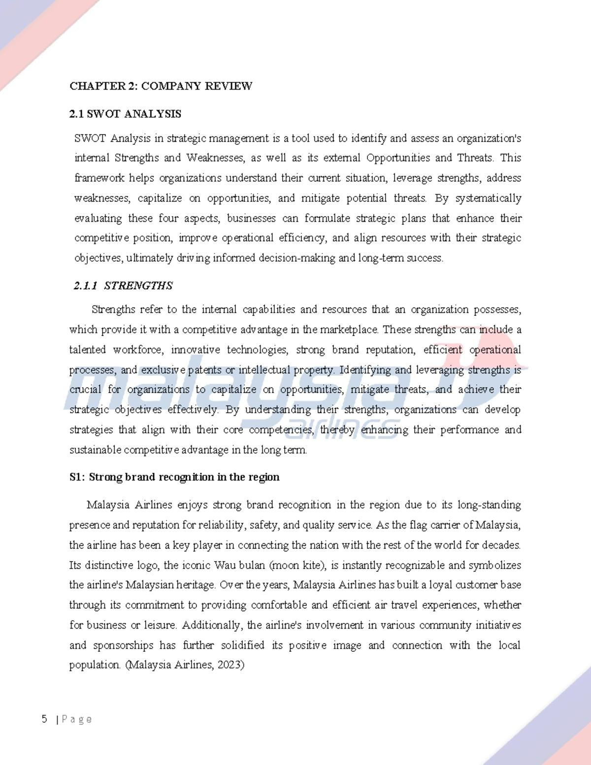 Chapter 2 Airline - CHAPTER 2: COMPANY REVIEW 2 SWOT ANALYSIS SWOT ...