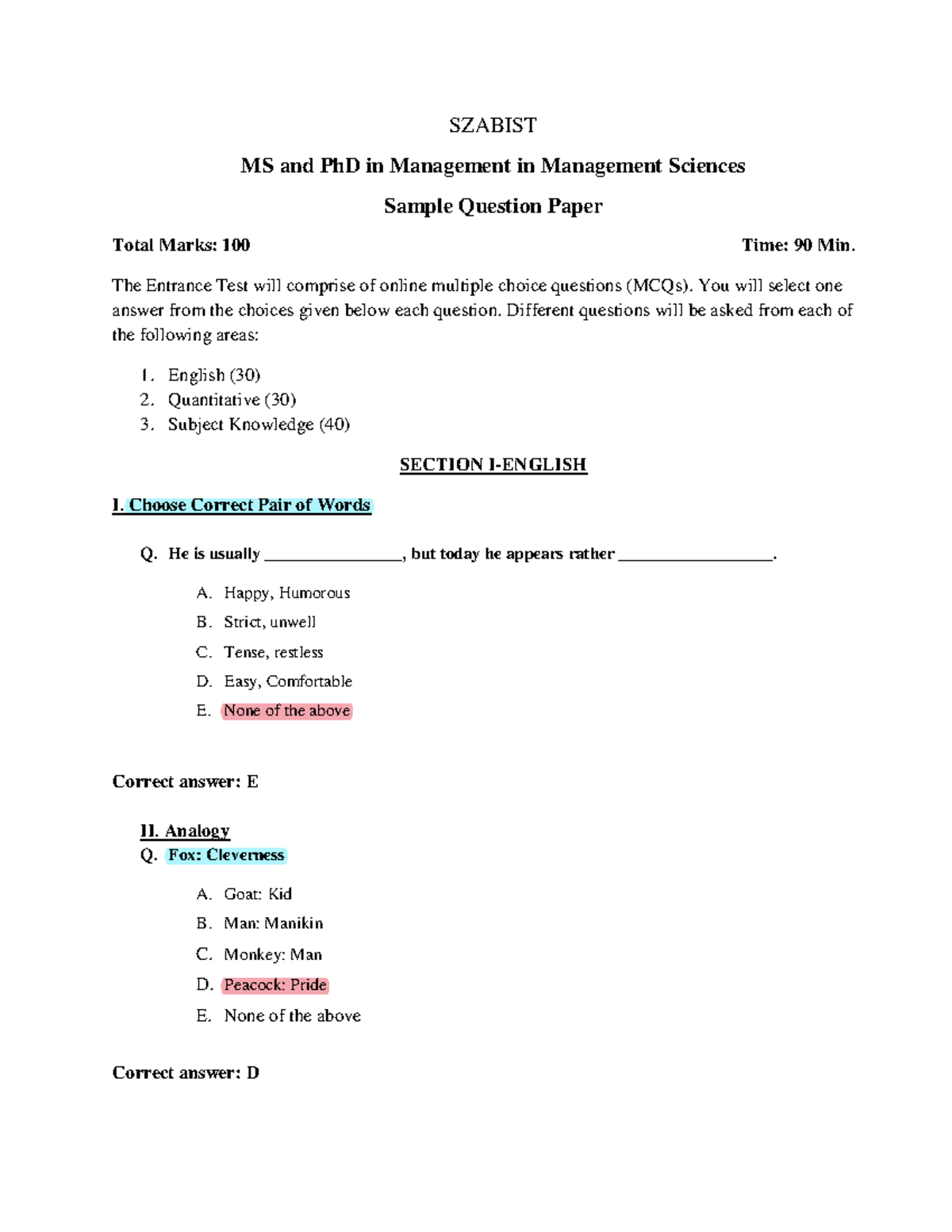 MSMS-Phd-Sample Paper - SZABIST MS and PhD in Management in Management ...