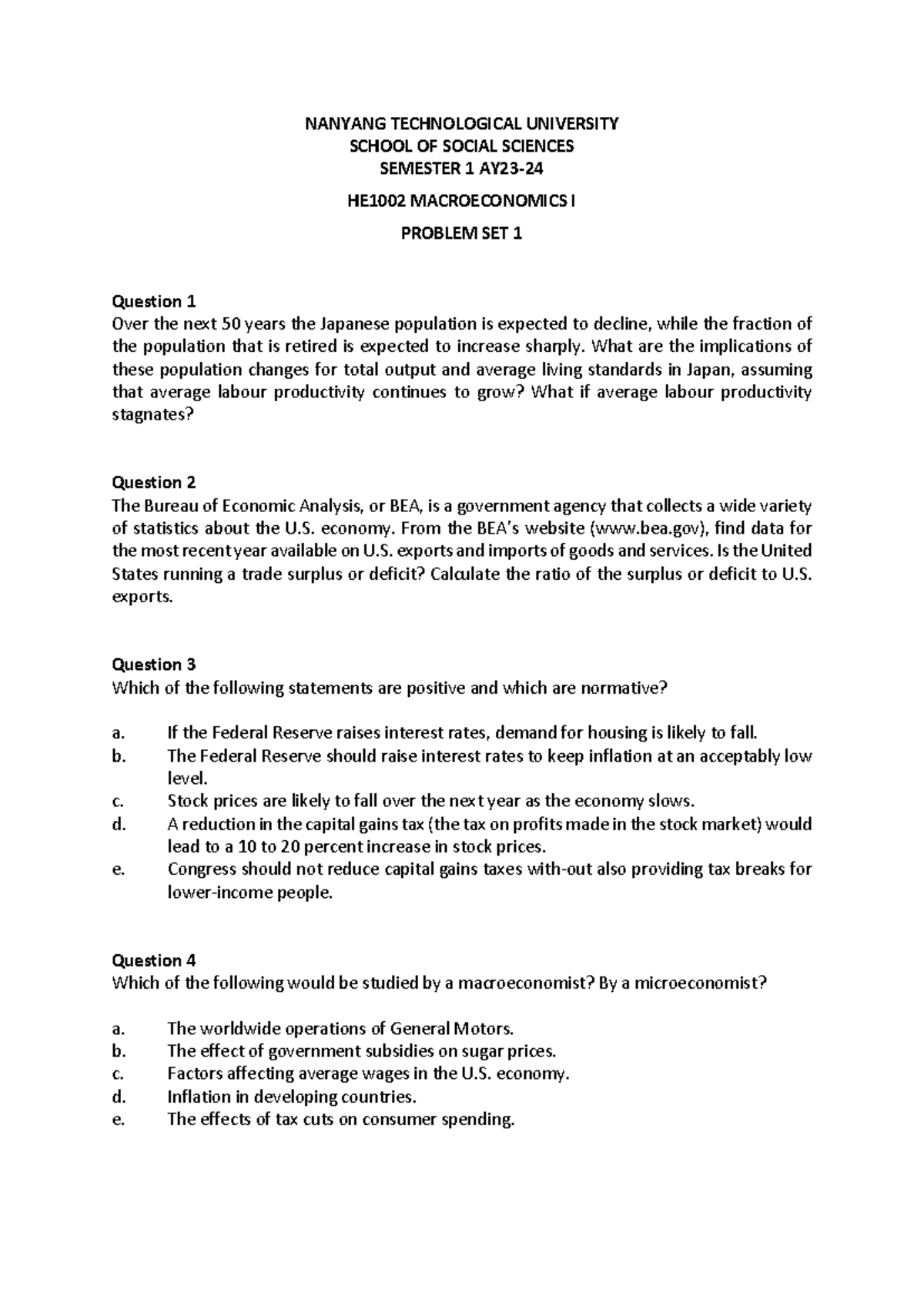 Problem Set 1 Tutorial Nanyang Technological University School Of Social Sciences Semester 1