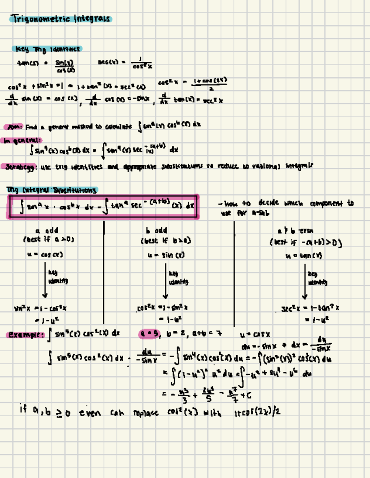 Math 1b - Notes on Trig Integrals - Trigonometric Integrals Key Trig ...