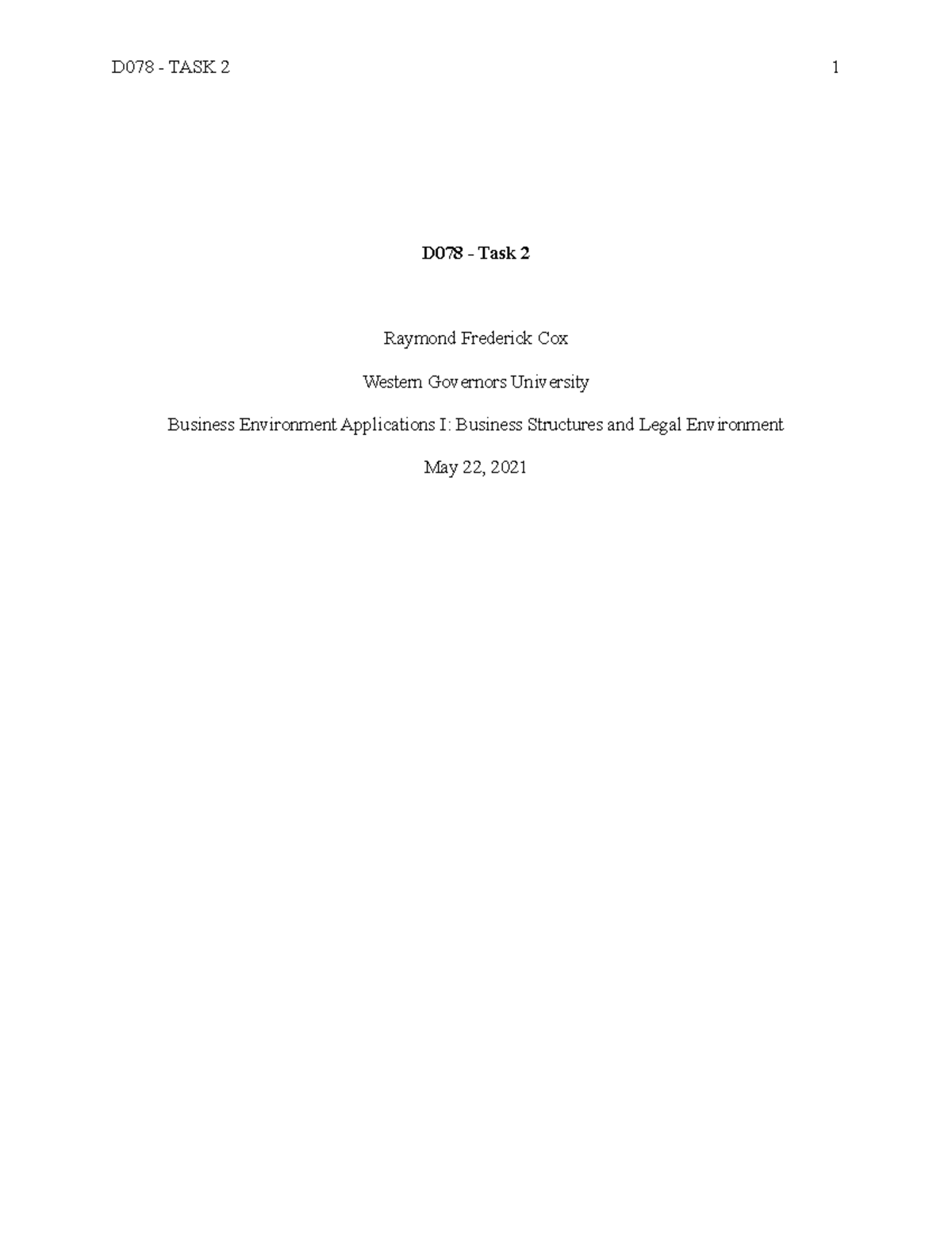 Task 2 - Business Structures and Legal Environment D078 - D078 - WGU ...