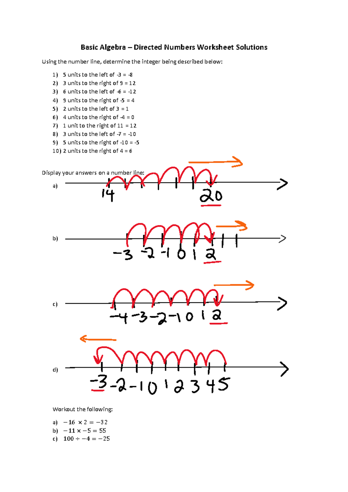 Basic Algebra Directed Numbers Solutons - Basic Algebra – Directed ...