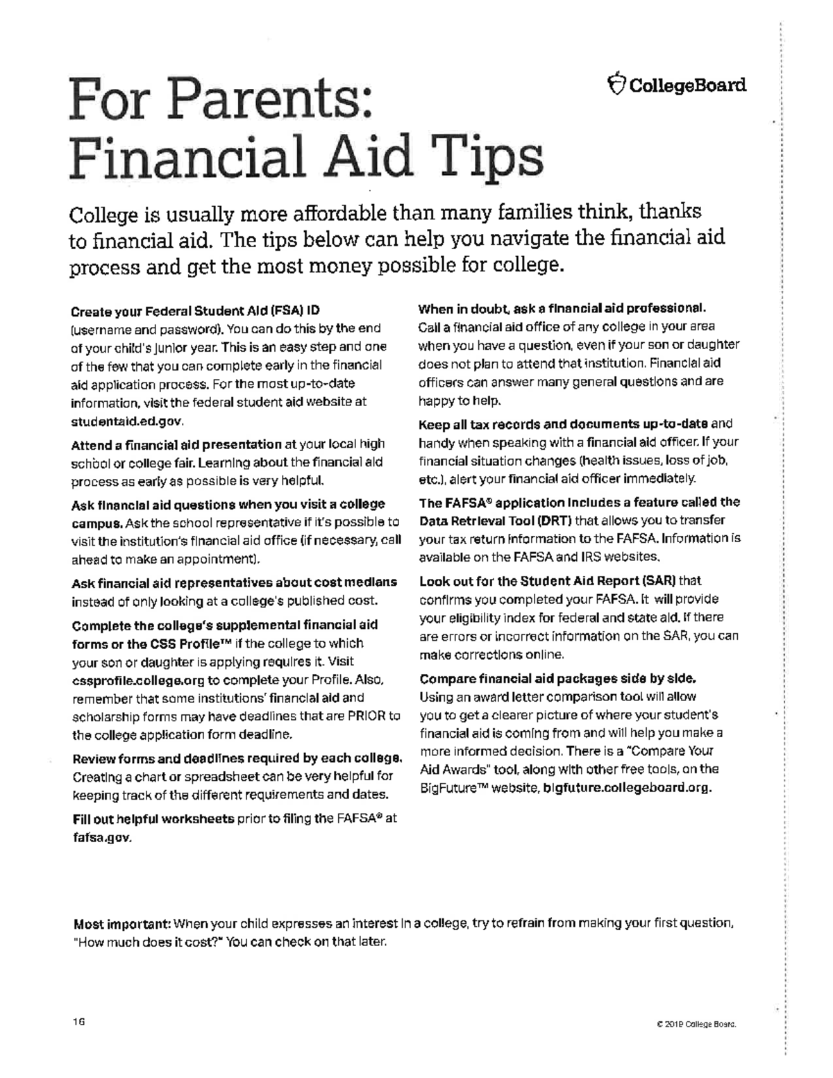 College Financial Aid Night Packet - For Parents: CollegeBoard ...