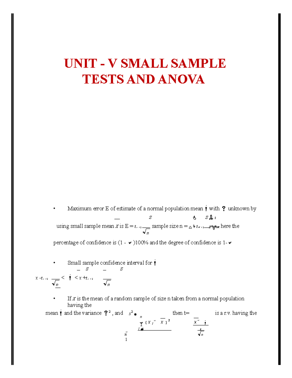 UNIT 5 - UNIT 5 - UNIT - V SMALL SAMPLE TESTS AND ANOVA • Maximum error ...