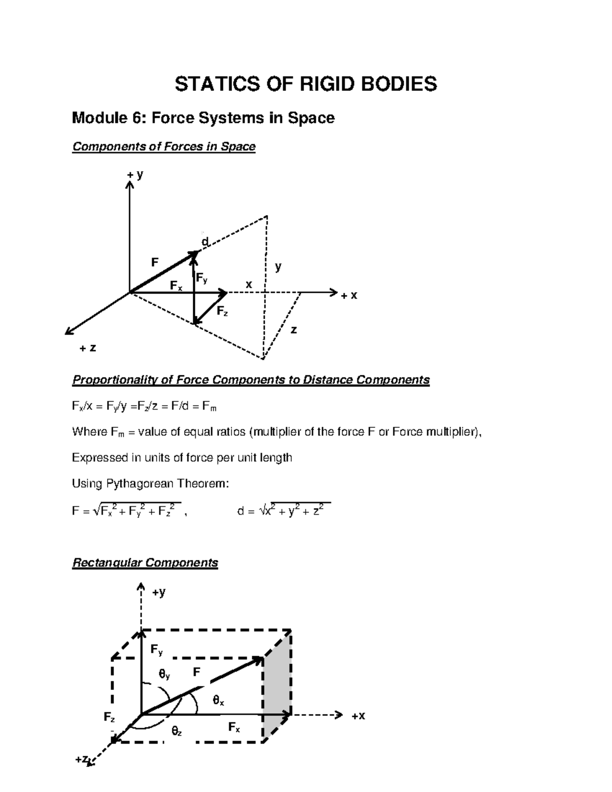 Force Systems in Space - Statics Of Rigid Bodies - TIP - Studocu