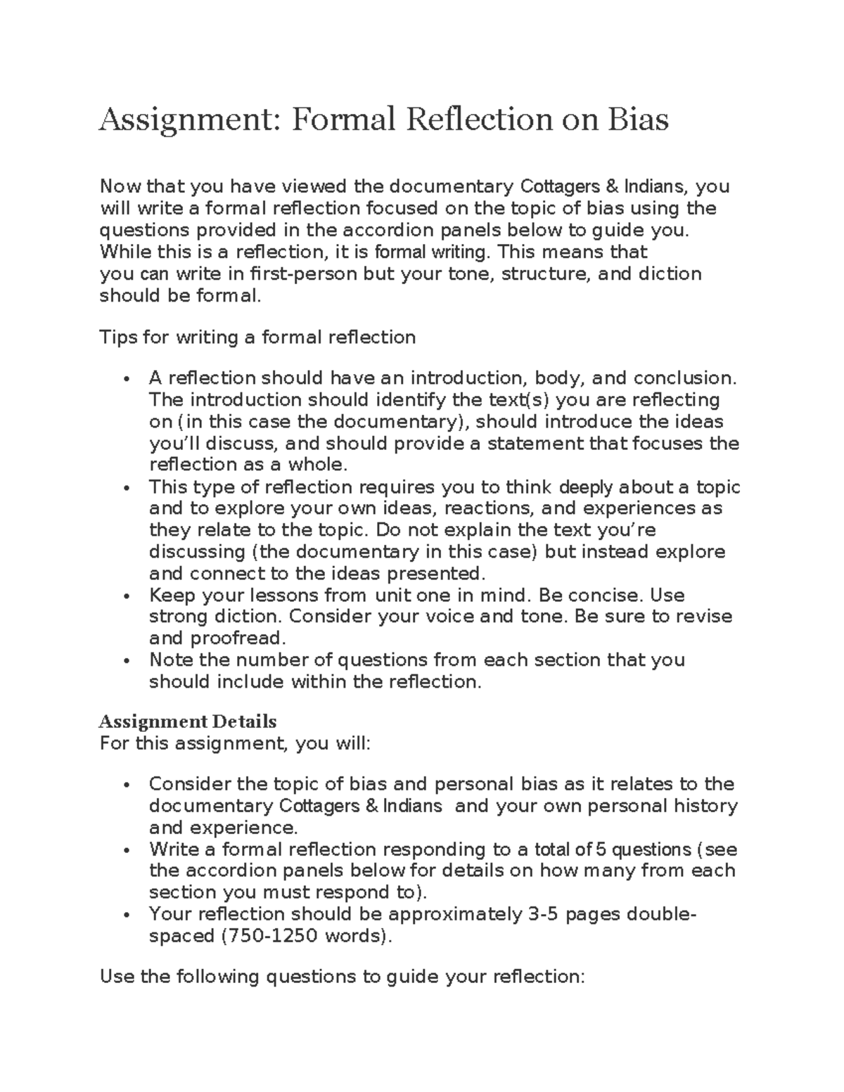 Assignment- Formal Reflection on Bias - While this is a reflection, it ...