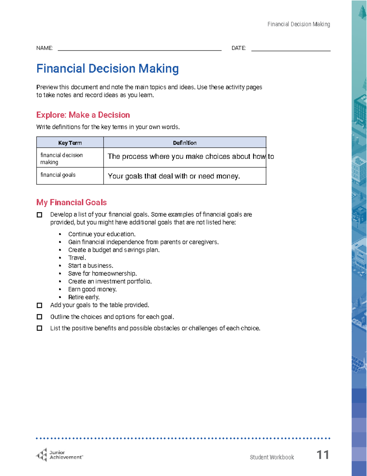 Ja finance - Student Workbook 11 Financial Decision Making NAME: DATE ...