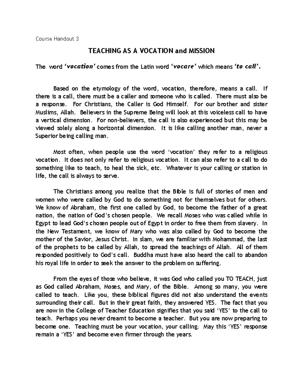 Teaching AS A Vocation and Mission - Course Handout 3 TEACHING AS A ...