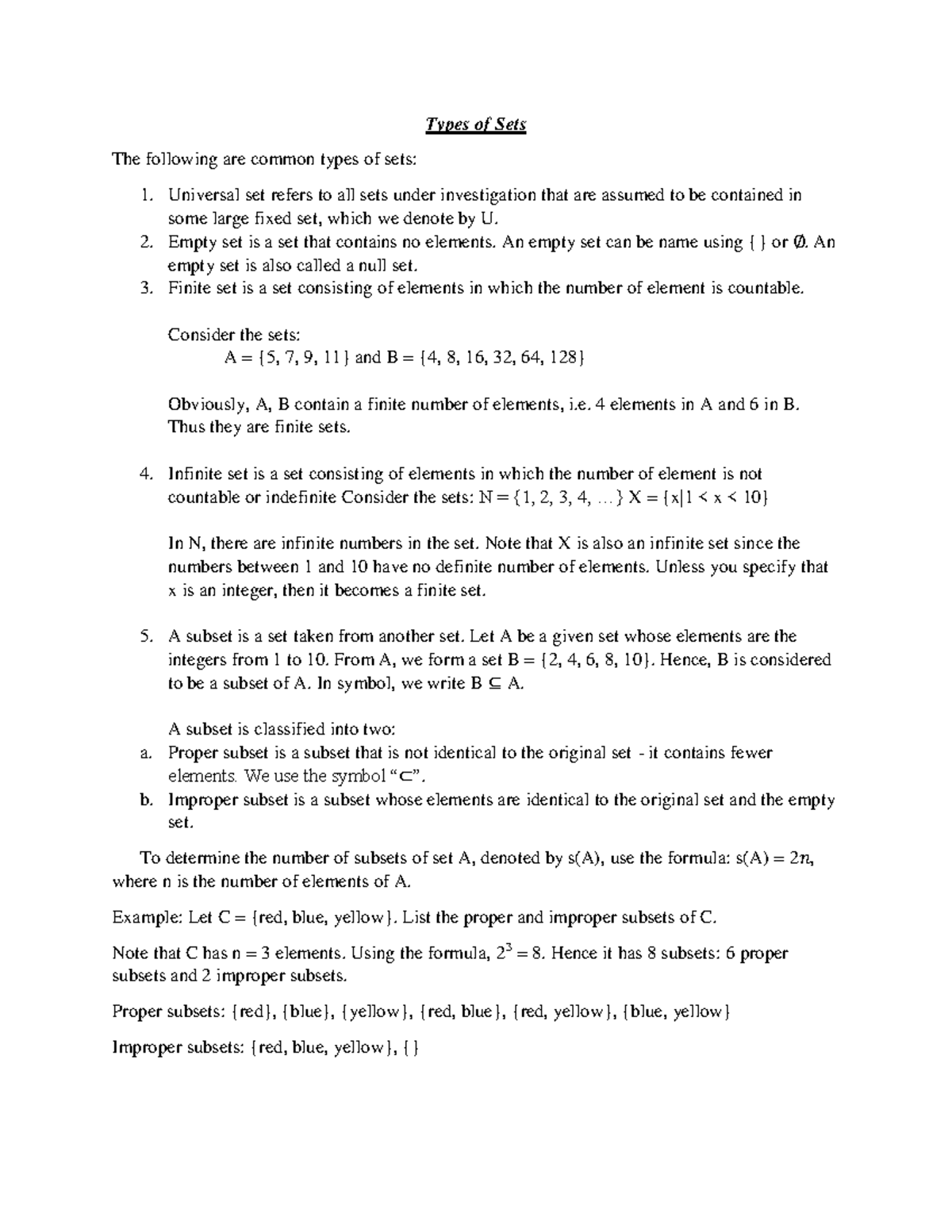 Types Of Sets Types Of Sets The Following Are Common Types Of Sets