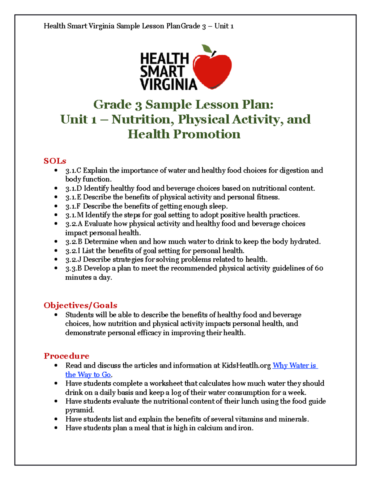 Gr3 hp 1 health promotion - Grade 3 Sample Lesson Plan: Unit 1 ...