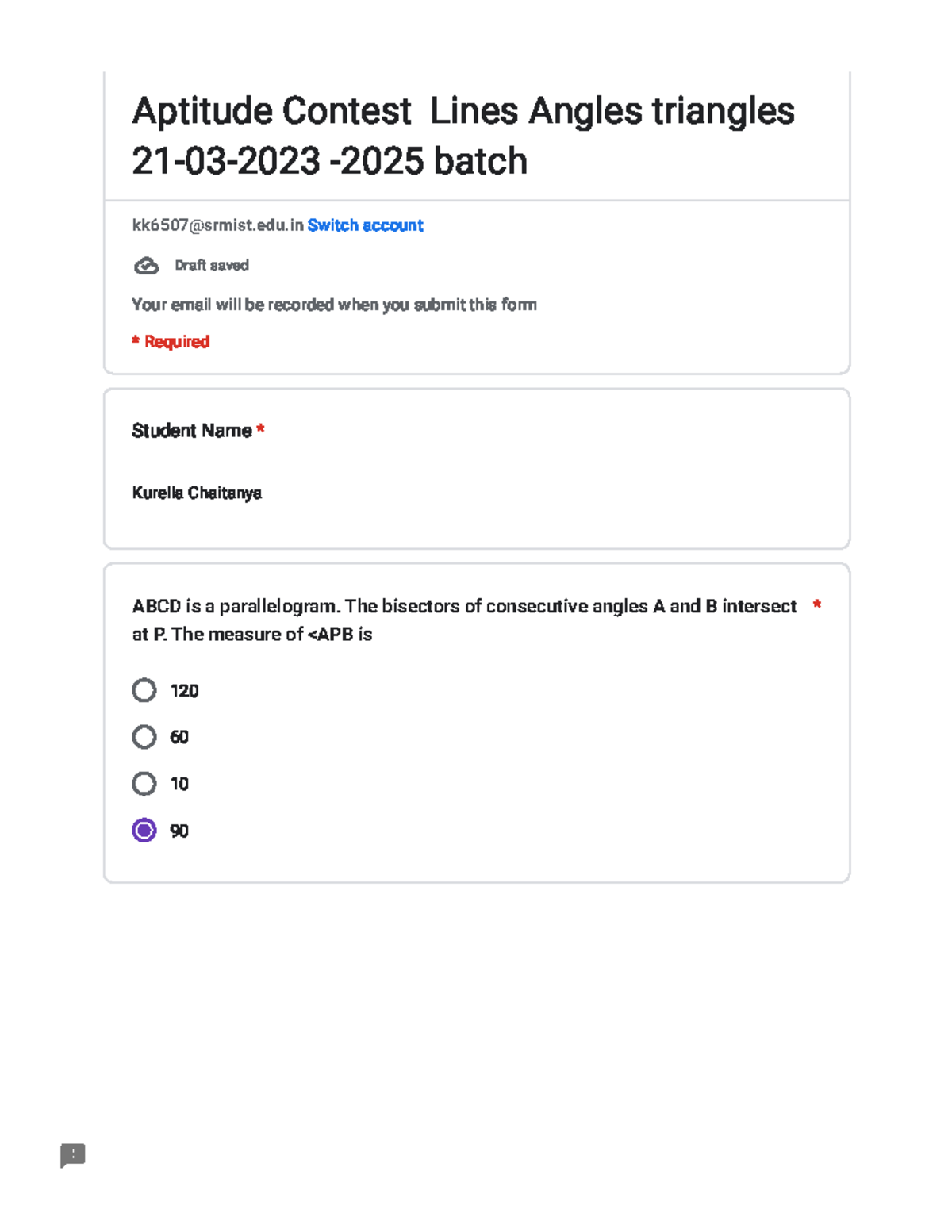 Aptitude Contest Lines Angles triangles 21-03-2023 -2025 batch - 120 60 ...