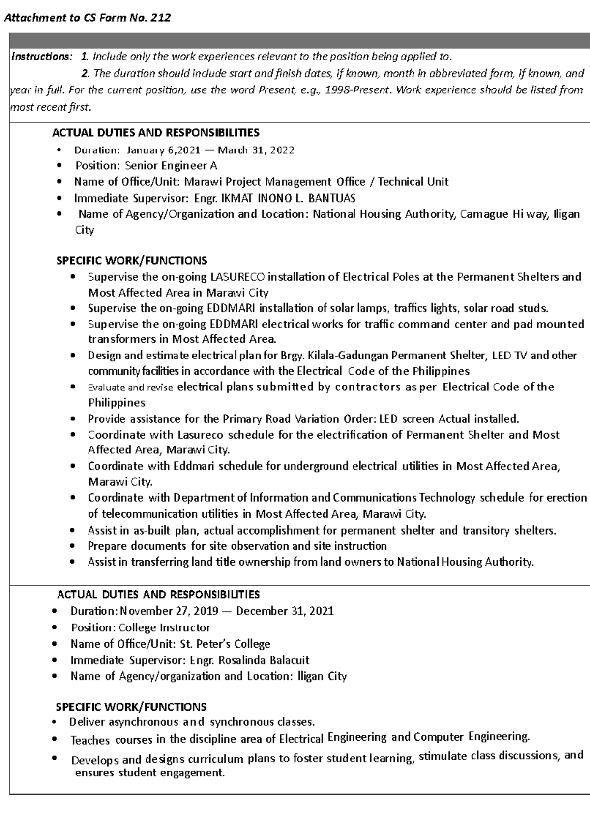 Worksheet Experience - fvs - Attachment to CS Form No. 212 Instructions ...