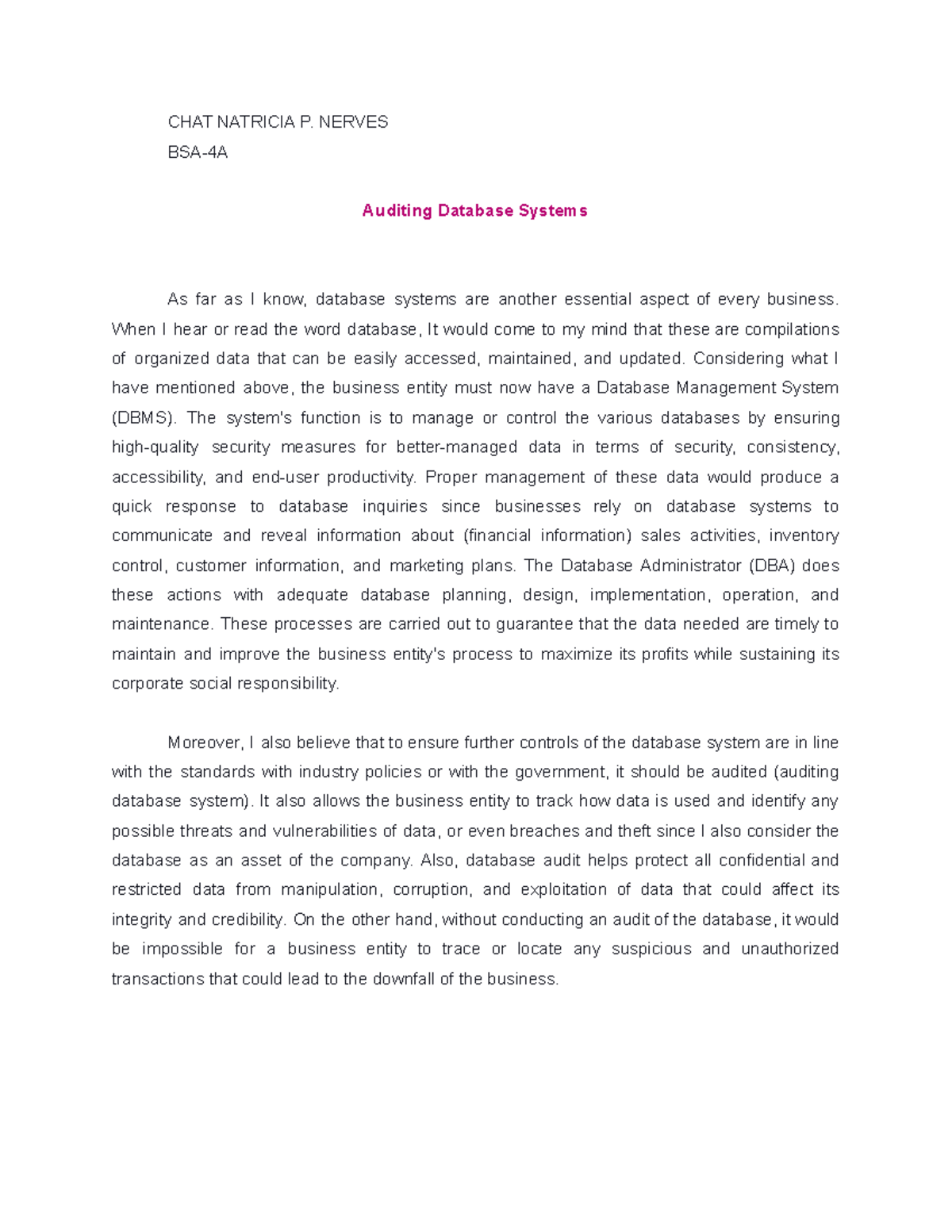CHAT Natricia Nerves - TLA 04 Essay Auditing Database Systems - CHAT ...