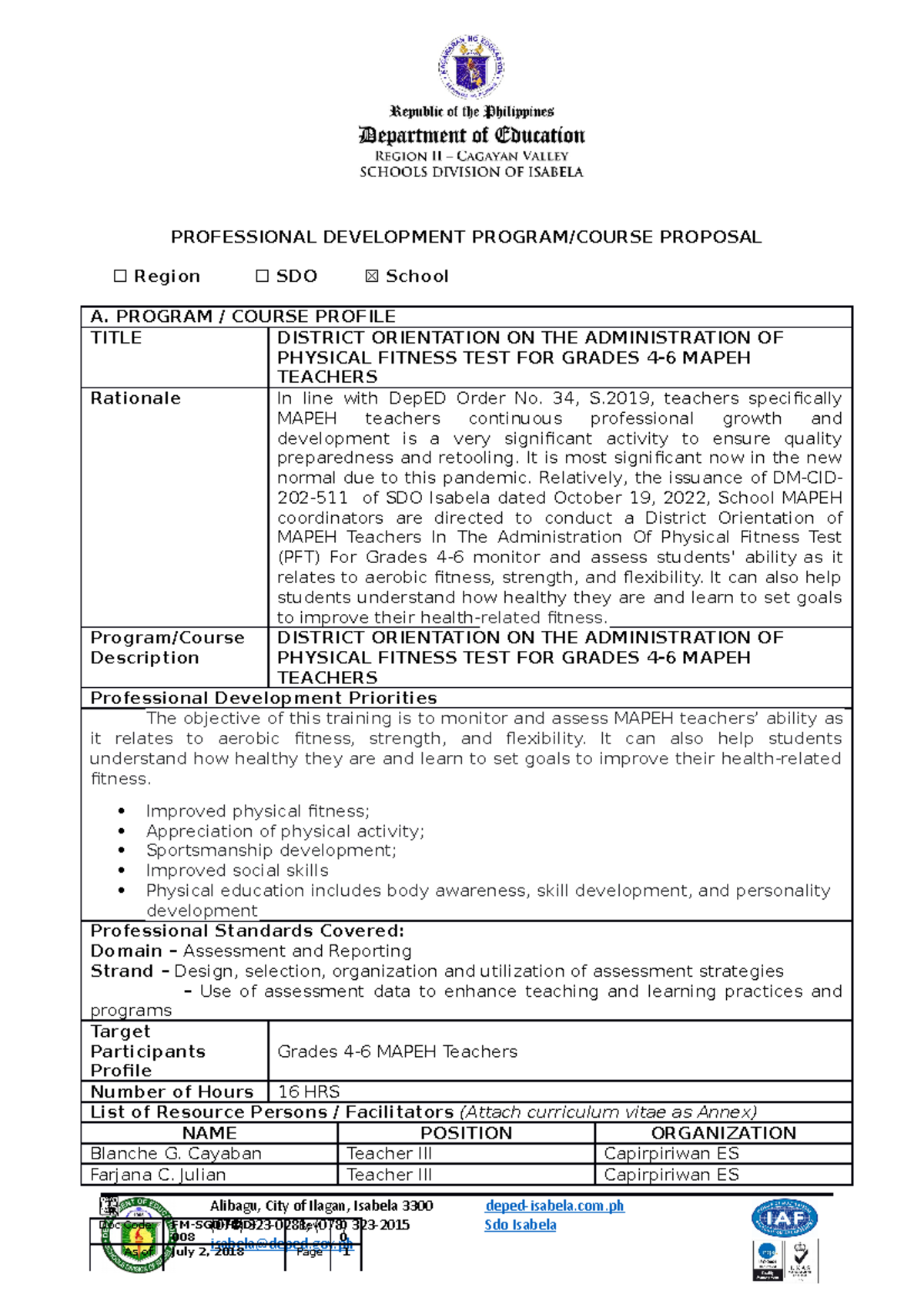 LD Proposal Finale 1 - Pft - PROFESSIONAL DEVELOPMENT PROGRAM/COURSE PROPOSAL ☐ Region ☐ SDO ...