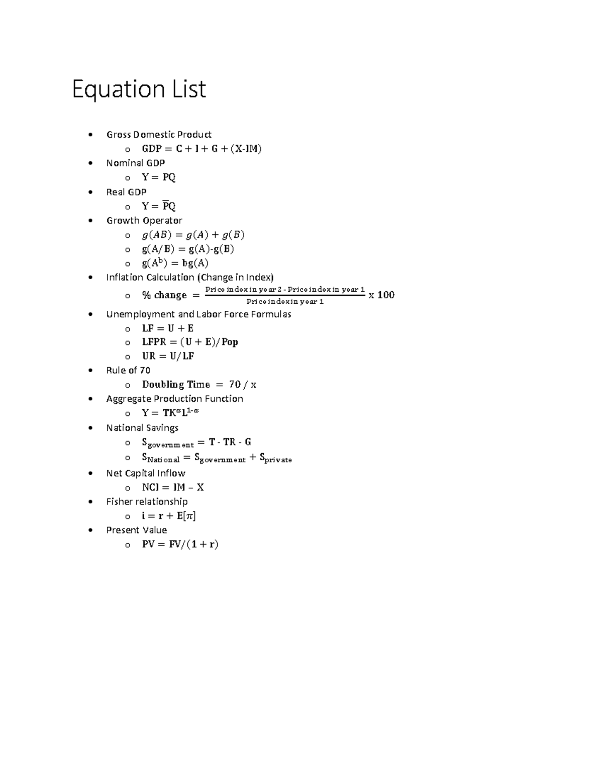 Midterm 2 Equation List - Equation List • Gross Domestic Product o GDP ...