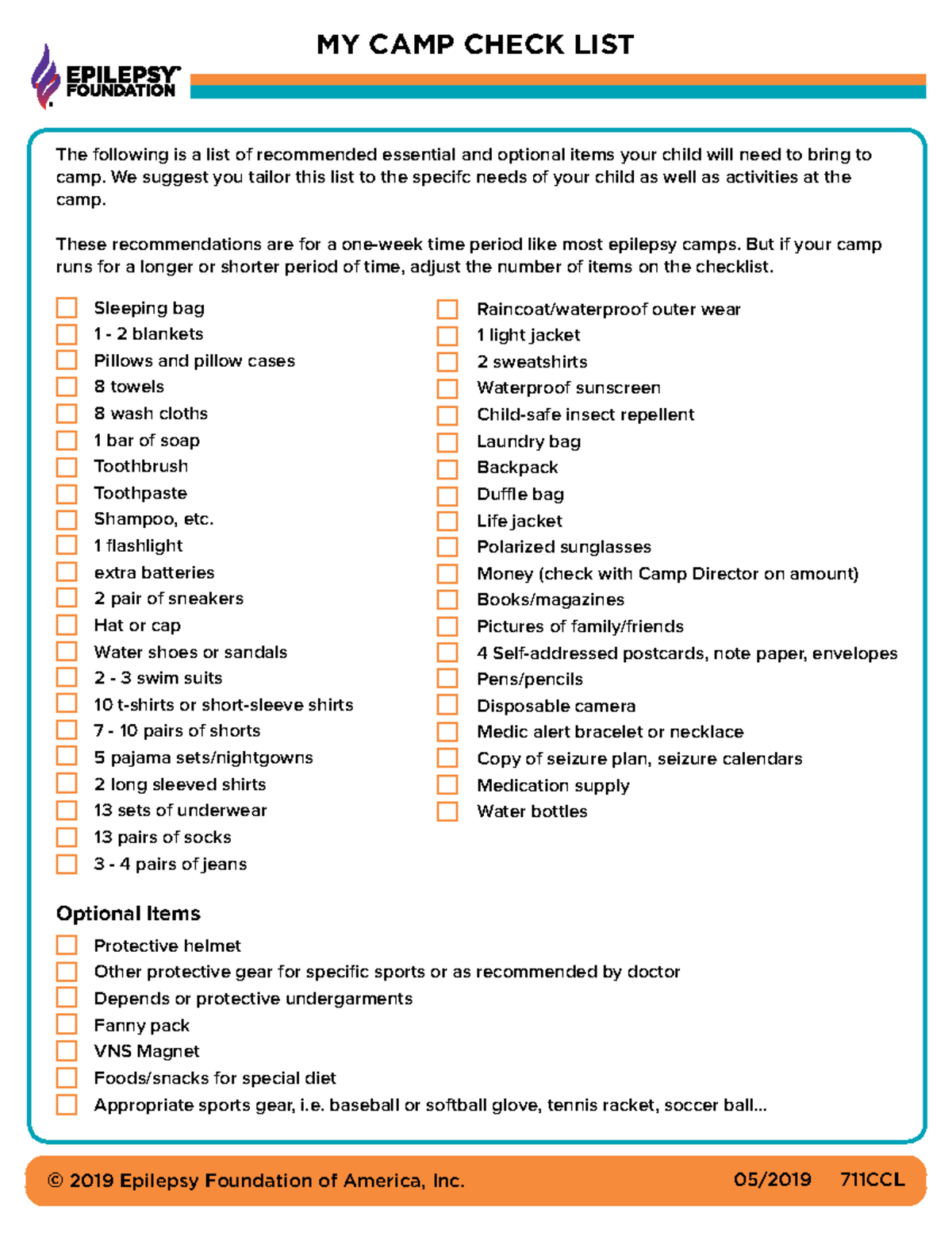 711CCL My Camp Check List 05-2019 - MY CAMP CHECK LIST © 2019 Epilepsy ...