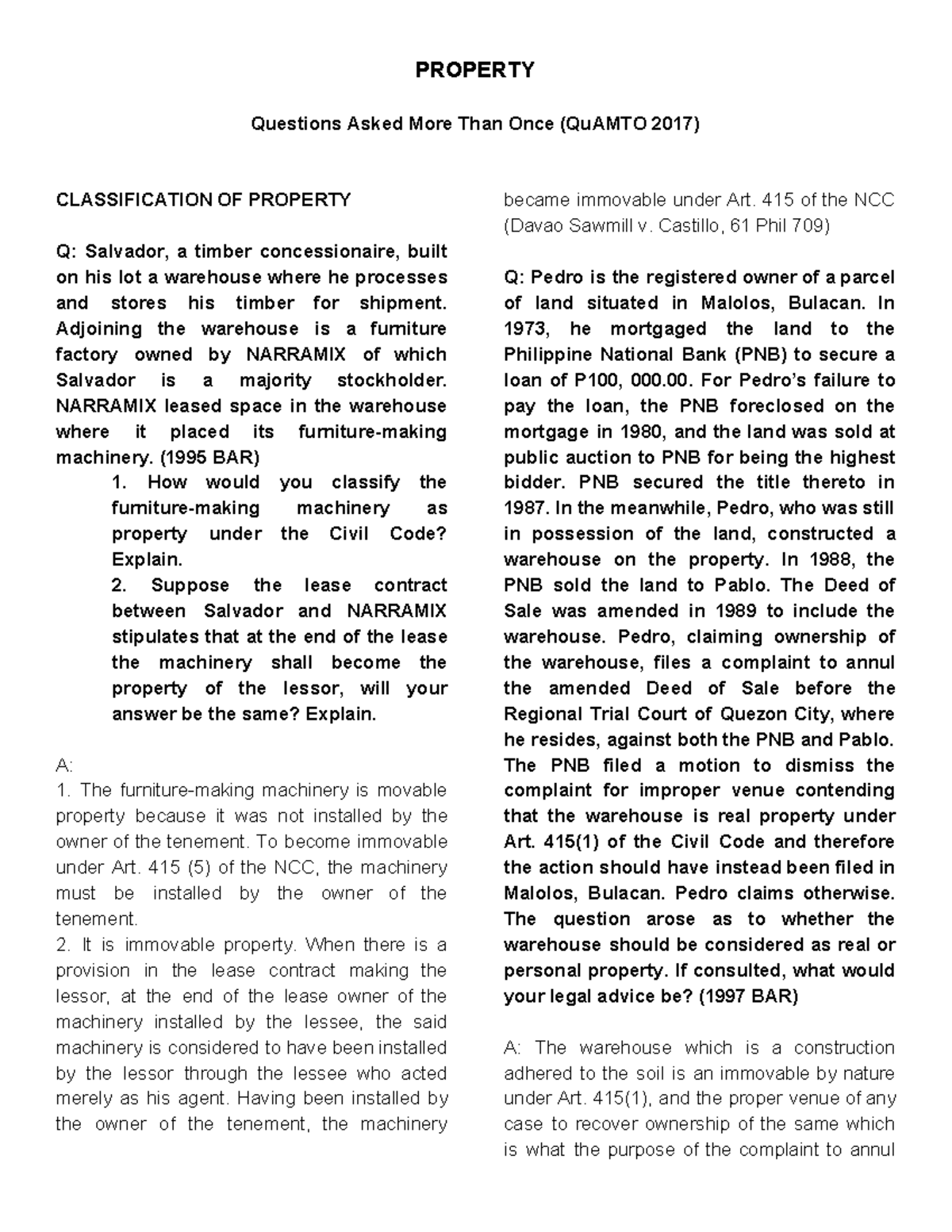 Bar exam questions and answers for property - juris doctor - Studocu