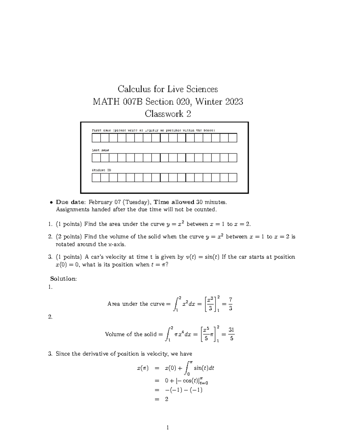 Math07b classwork 2 solution - Calculus for Live Sciences MATH 007B Section 020, Winter 2023 ...
