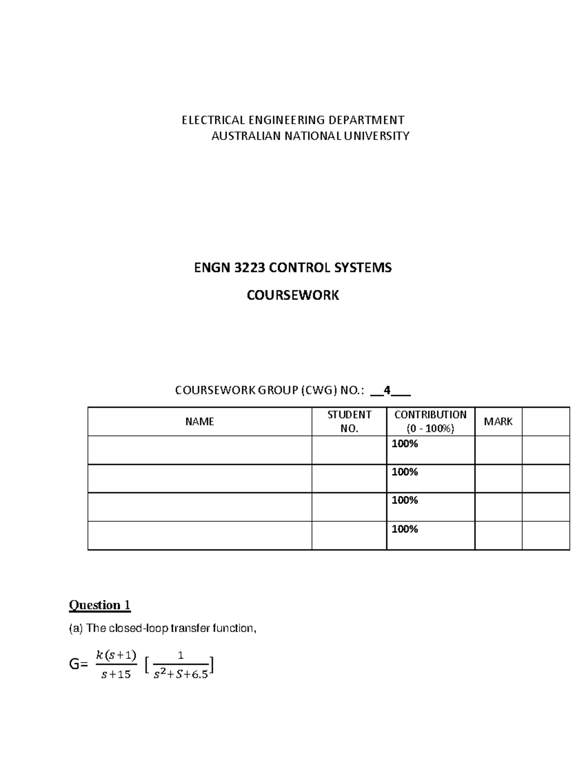 ENGN 3223 COntrol System Final Assignment A+ - ELECTRICAL ENGINEERING ...
