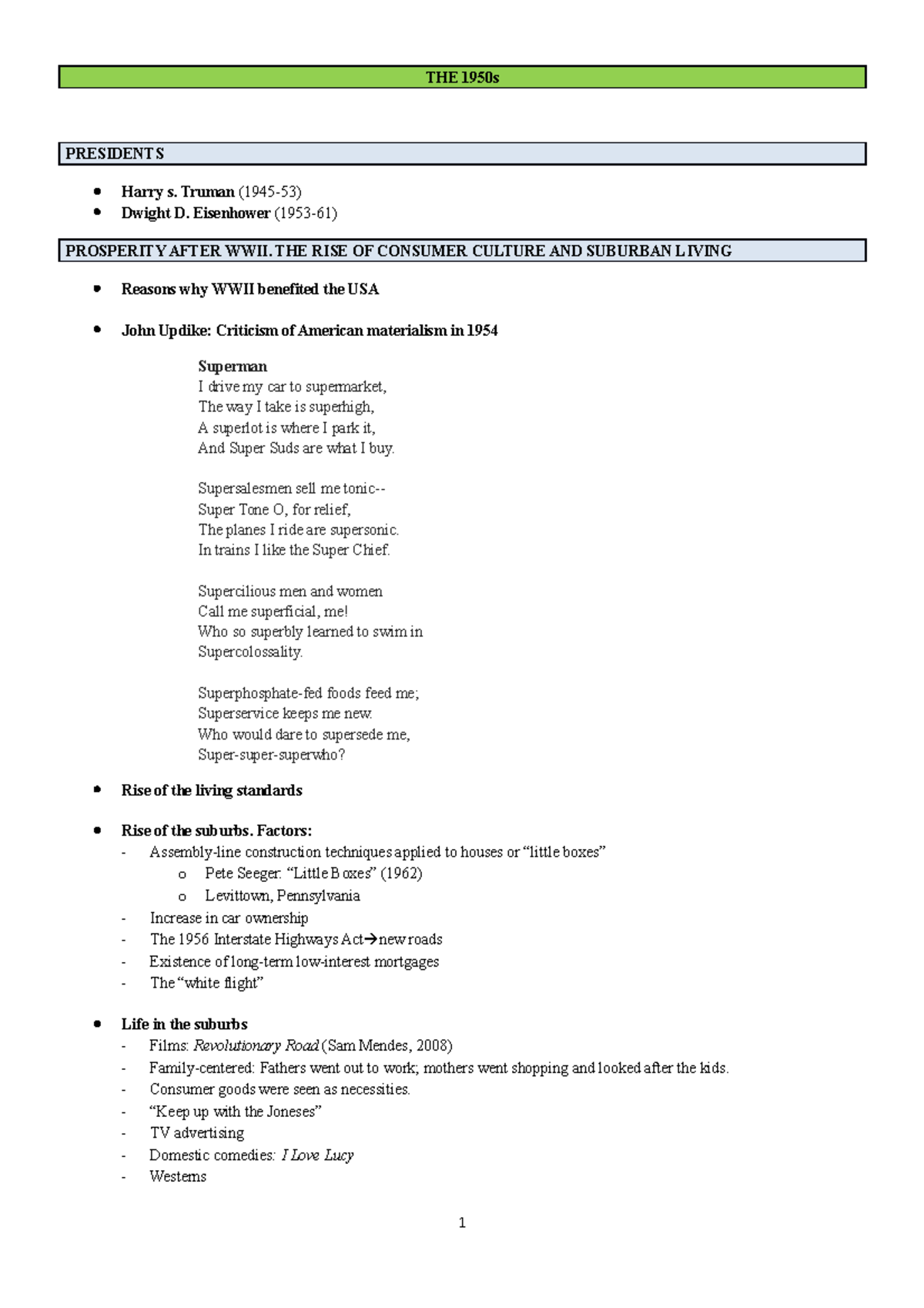 The 1950s-handout - Resumen de la historia de los Estados Unidos ...