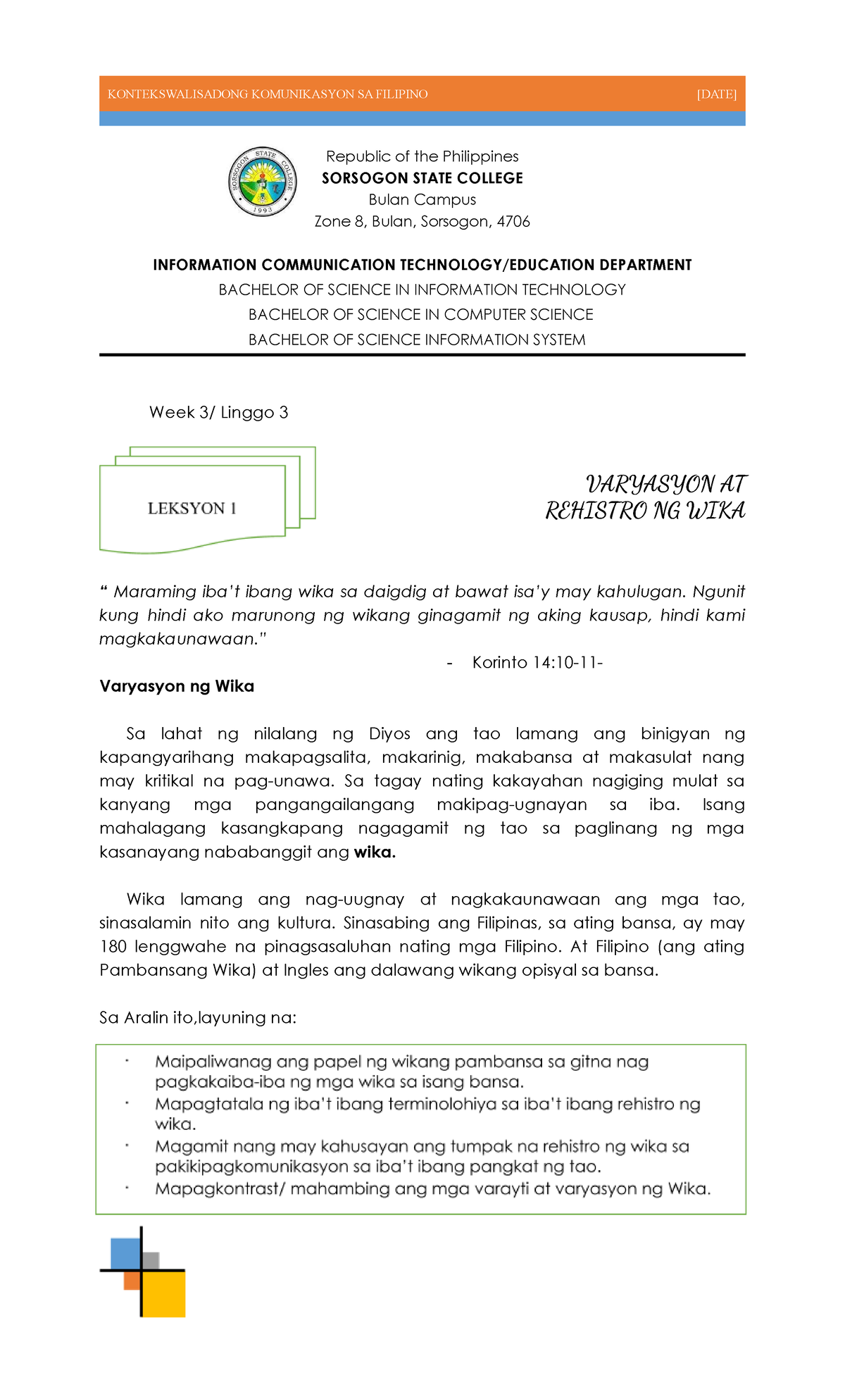 Module week 3 Komfil - Republic of the Philippines SORSOGON STATE ...