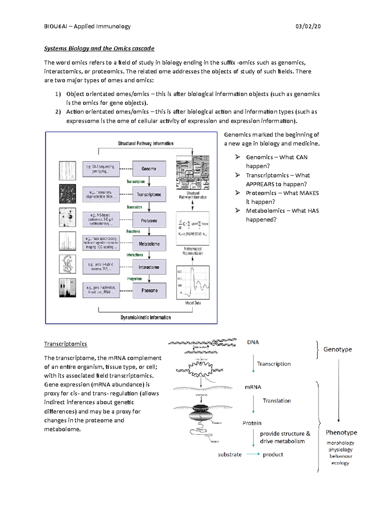 Systems Biology and the Omics cascade - BIOU6AI – Applied Immunology 03 ...