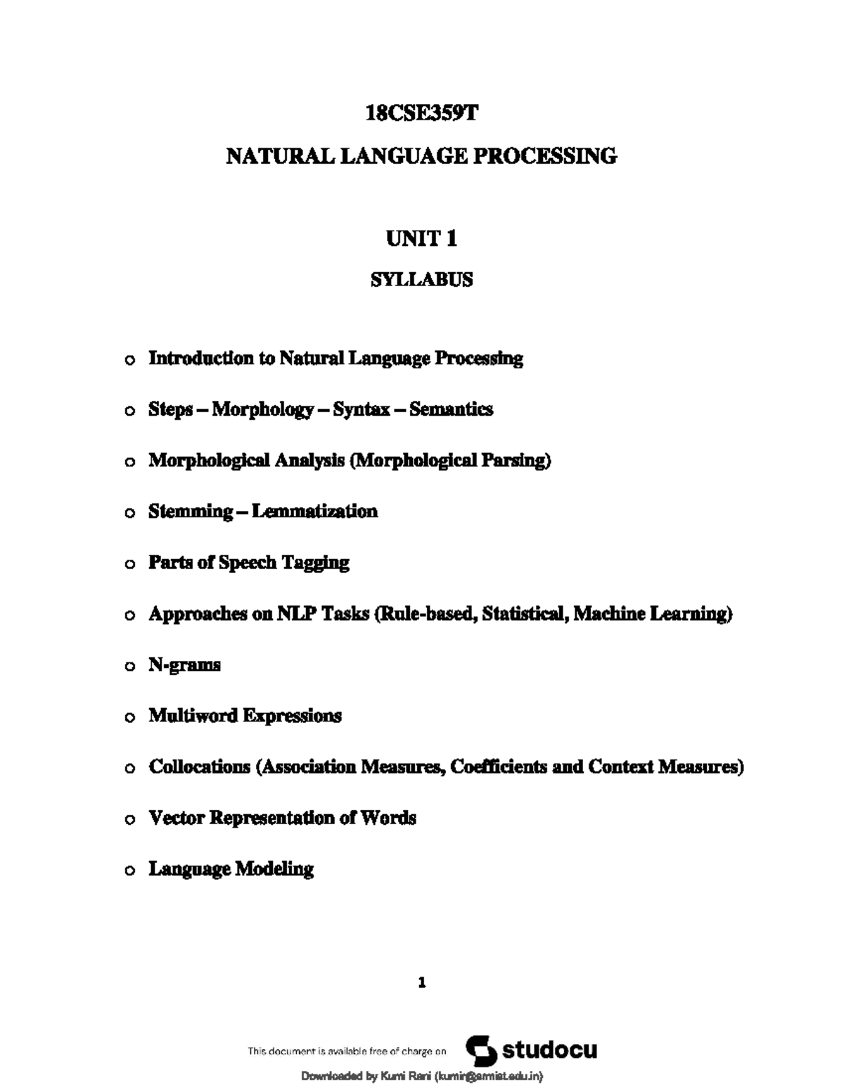 NLP Unit1 - nlg - 18CSE359T NATURAL LANGUAGE PROCESSING UNIT 1 SYLLABUS Introduction to Natural ...