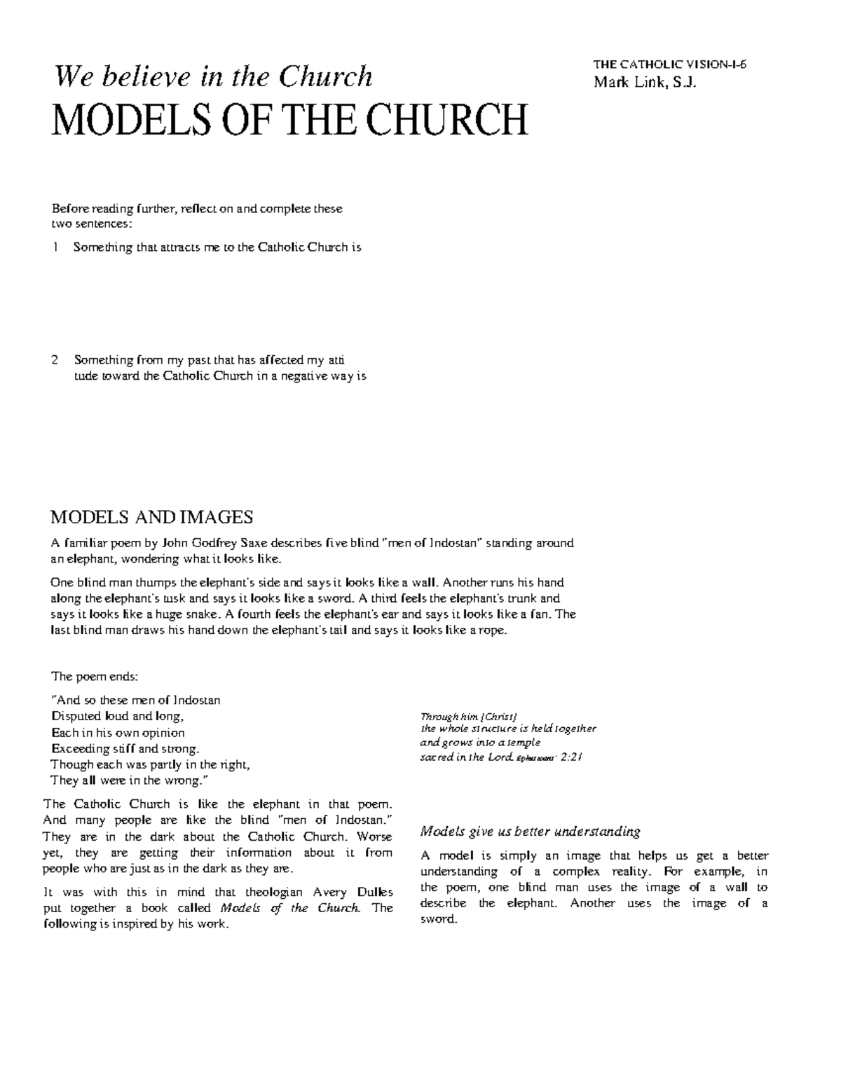 Models Of The Church - Notes - We believe in the Church MODELS OF THE ...