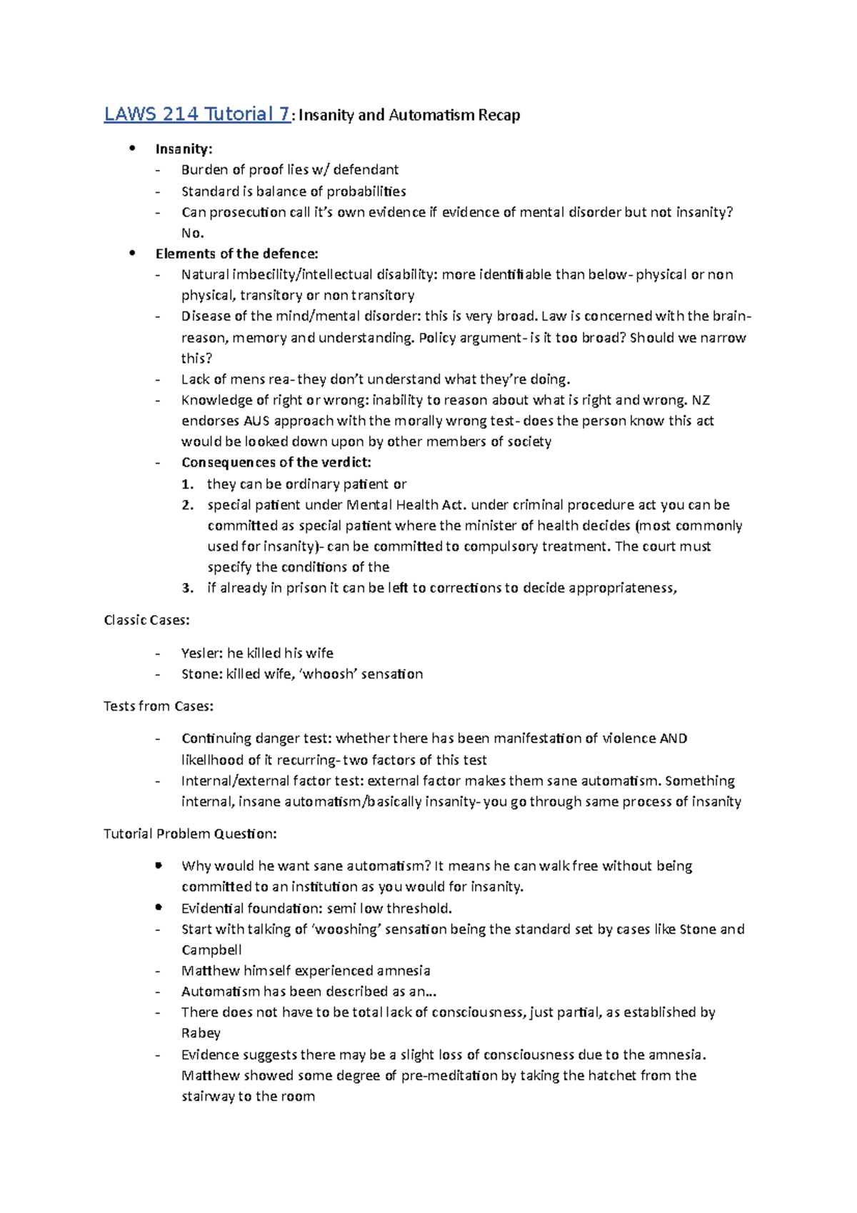 LAWS 214 Tutorial 7 Insanity and Automatism Recap - LAWS 214 Tutorial 7: Insanity and Automatism ...