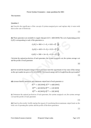 2016 Solutions - The Power Systems Economics document past paper for ...