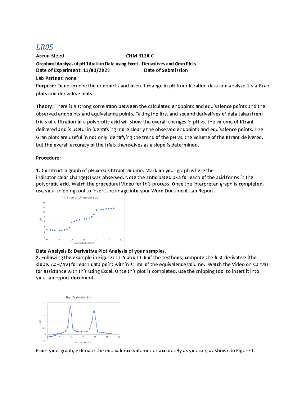 LR05 - Derivatives and Gran Plots - LR Aaron Steed CHM 3120 C Graphical ...