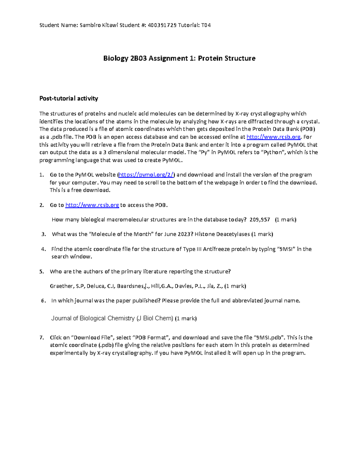 2B03 Assignment 1 - Protein structure - Biology 2B03 Assignment 1: Protein Structure Post ...