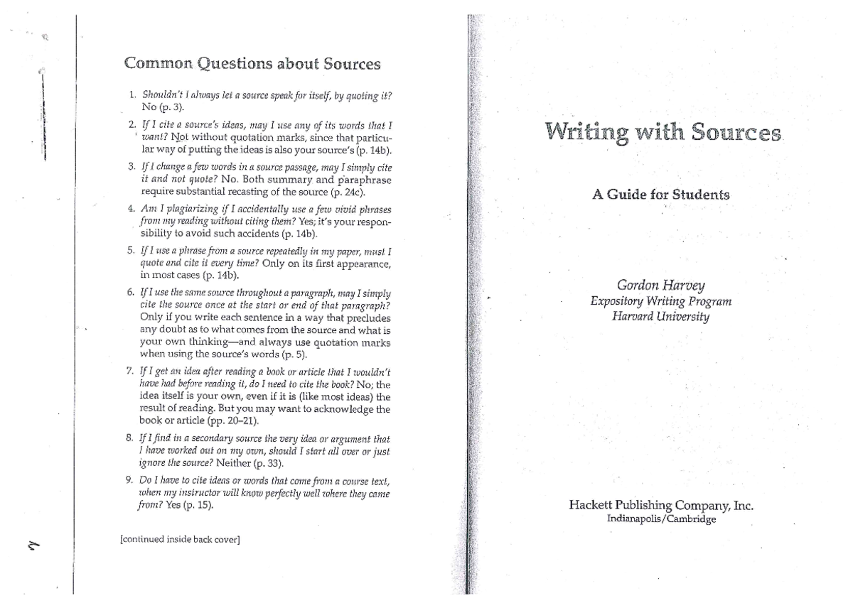 Harvey - Writing with Sources - Common Questions about Sources 1. I ...