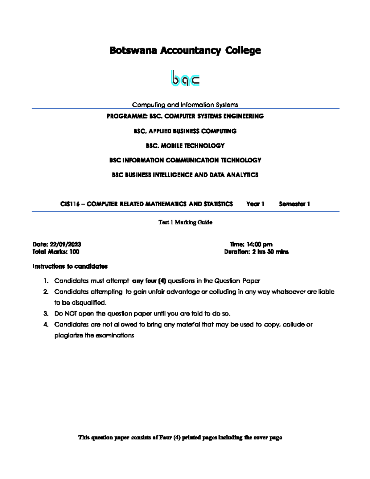 CMS - CIS116 – COMPUTER RELATED MATHEMATICS AND STATISTICS Year 1 Semester - Botswana - Studocu