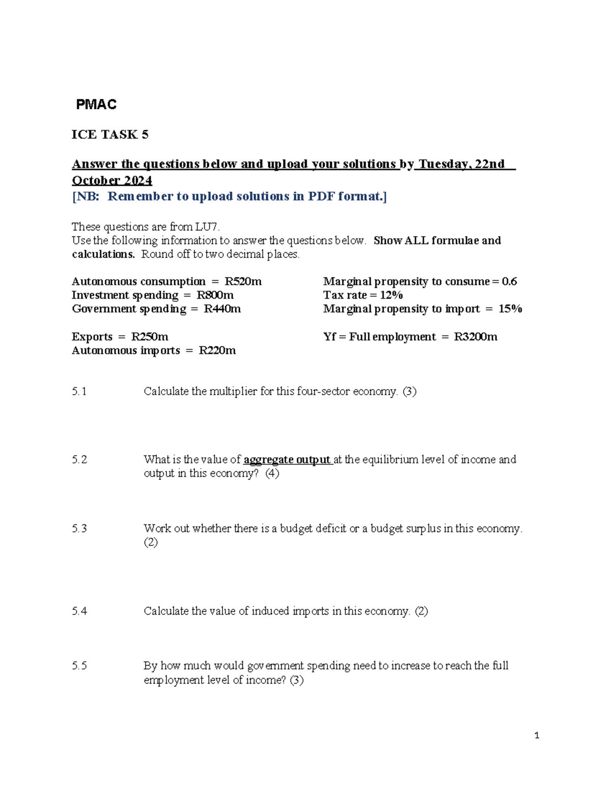 PMAC ICE Task 5 2024 - important tasks - PMAC ICE TASK 5 Answer the questions below and upload ...