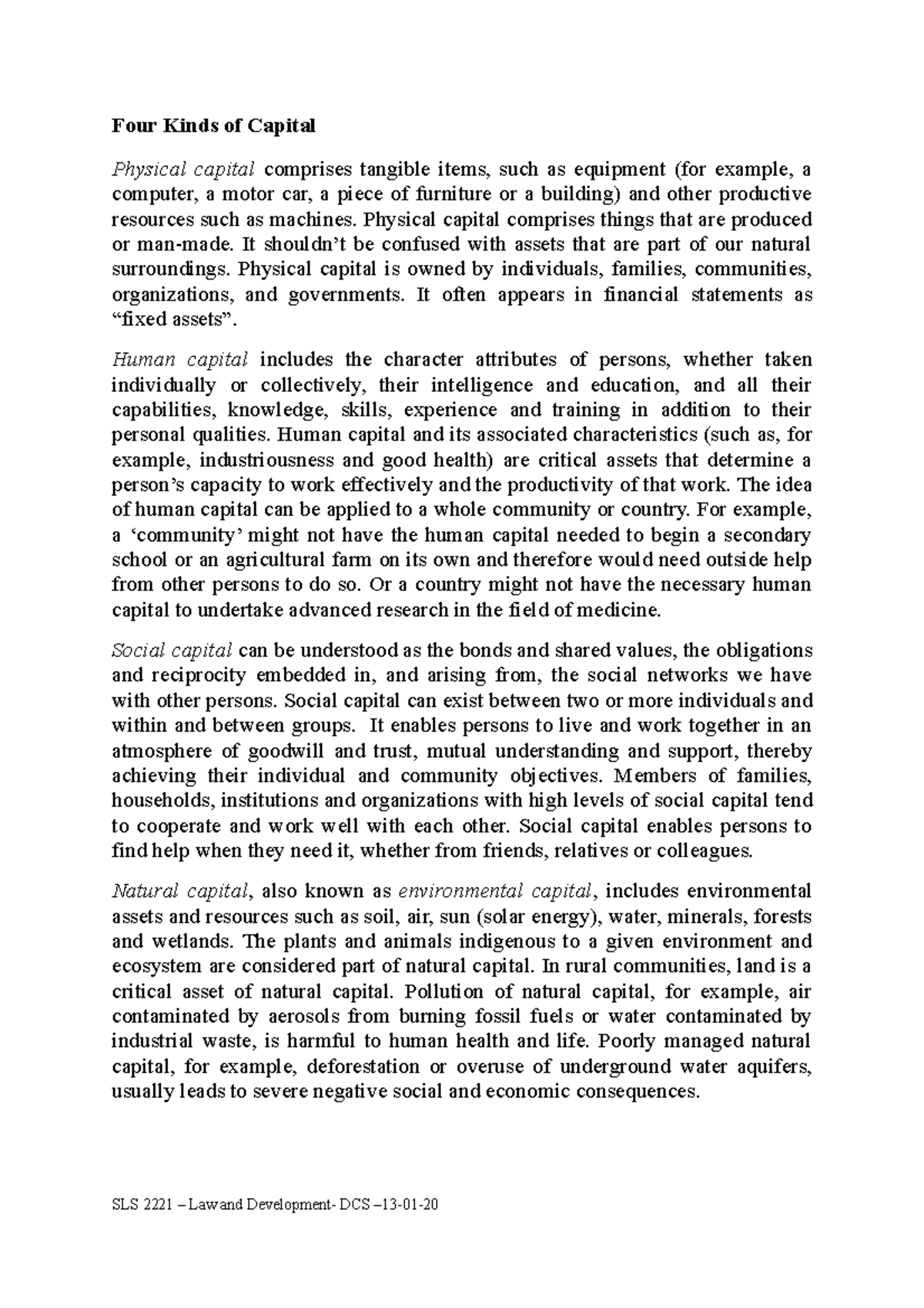 Four Kinds of Capital Handout - Four Kinds of Capital Physical capital ...