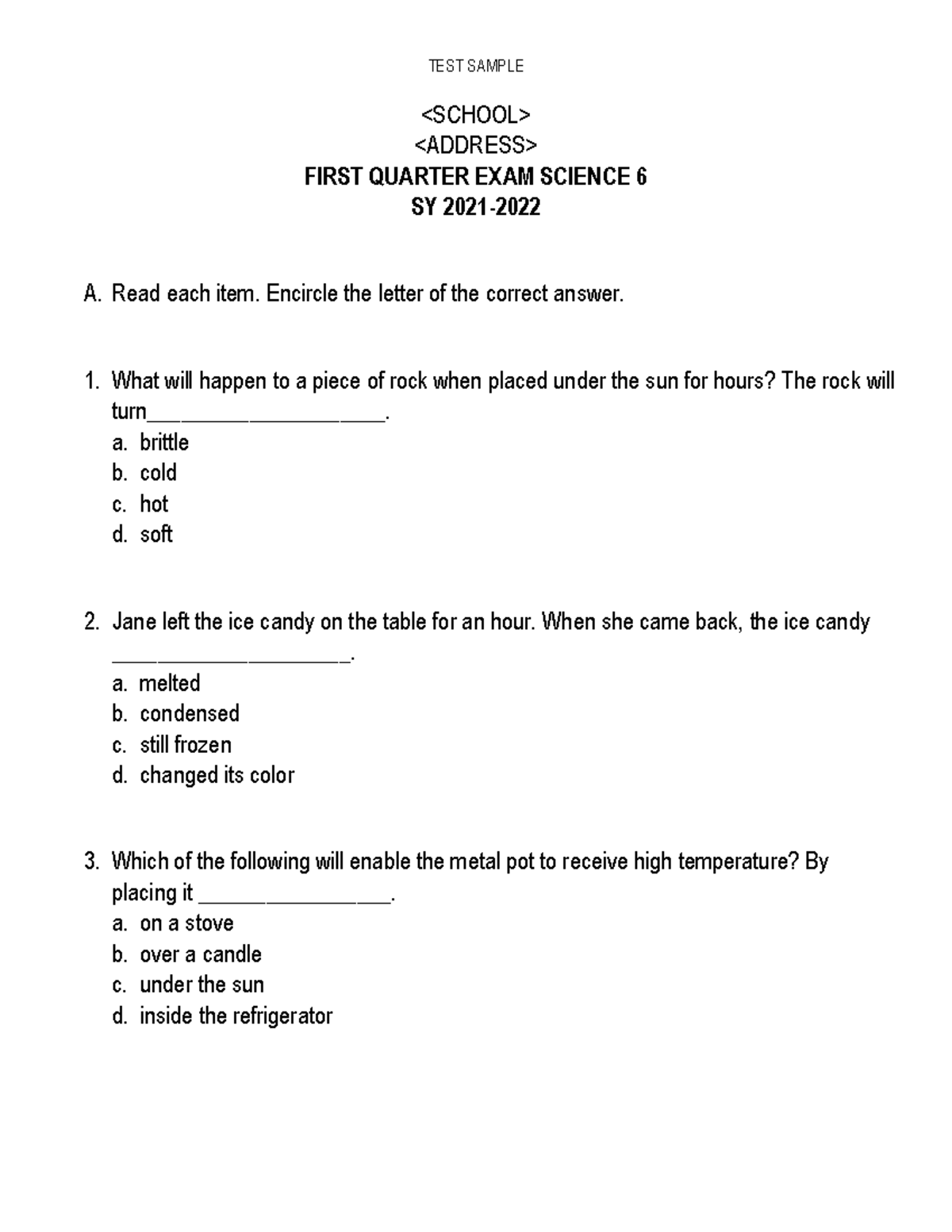 10 MULTIPLE CHOICE SAMPLE EXCERCISE FOR SUBMISSIONS - TEST SAMPLE FIRST ...