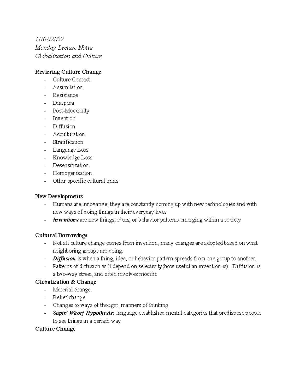 Globalization and Culture - 11/07/ Monday Lecture Notes Globalization ...