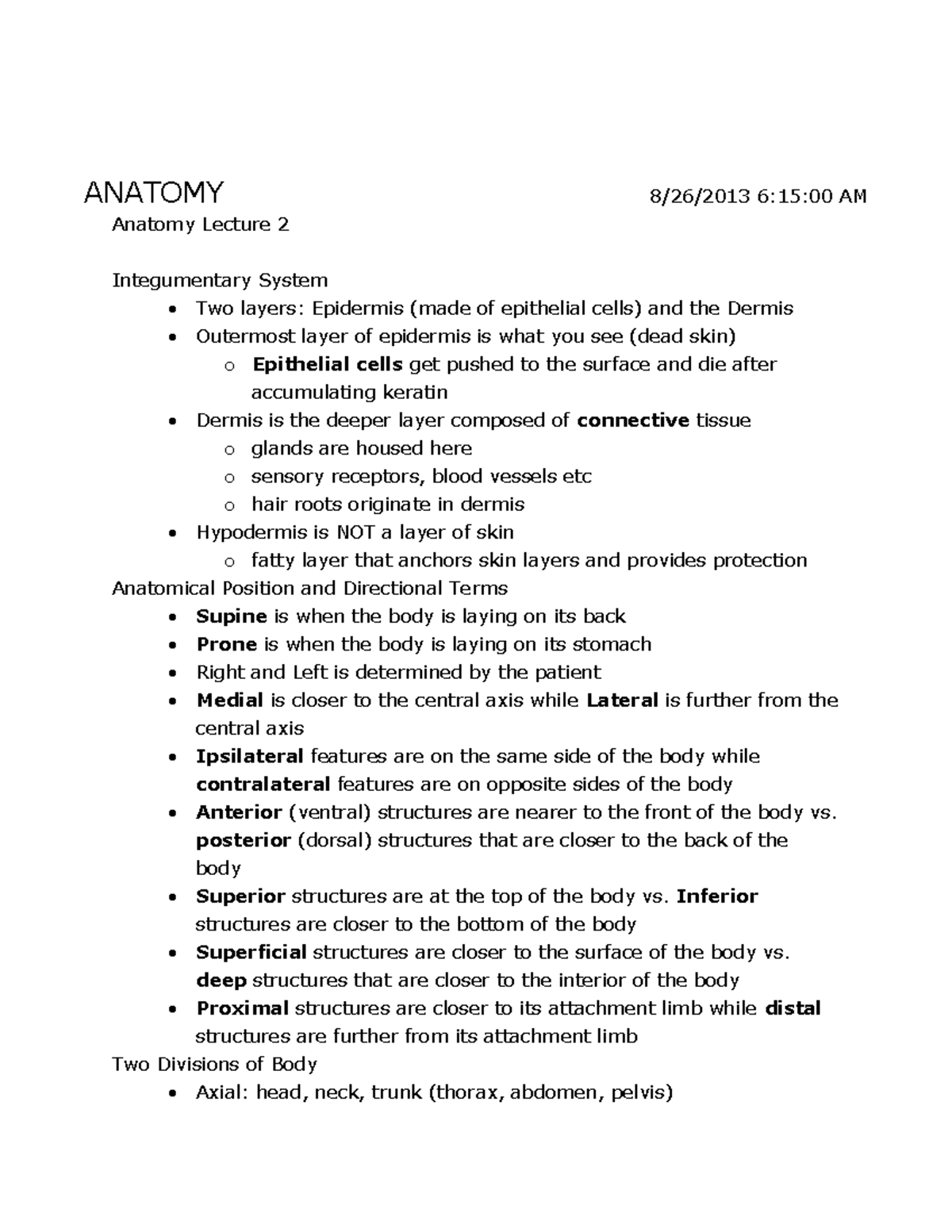 Anatomy lecture notes - ANATOMY 8/26/2013 6:15:00 AM Anatomy Lecture 2 ...