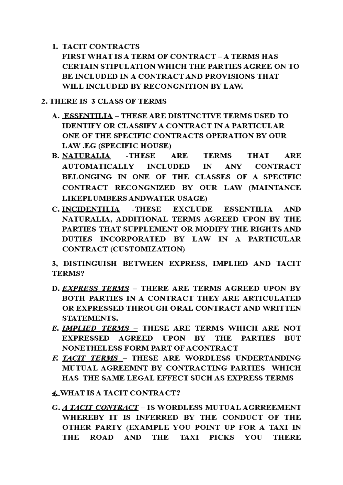 Tacit Contracts - Summary Law of contract - 1. TACIT CONTRACTS FIRST ...