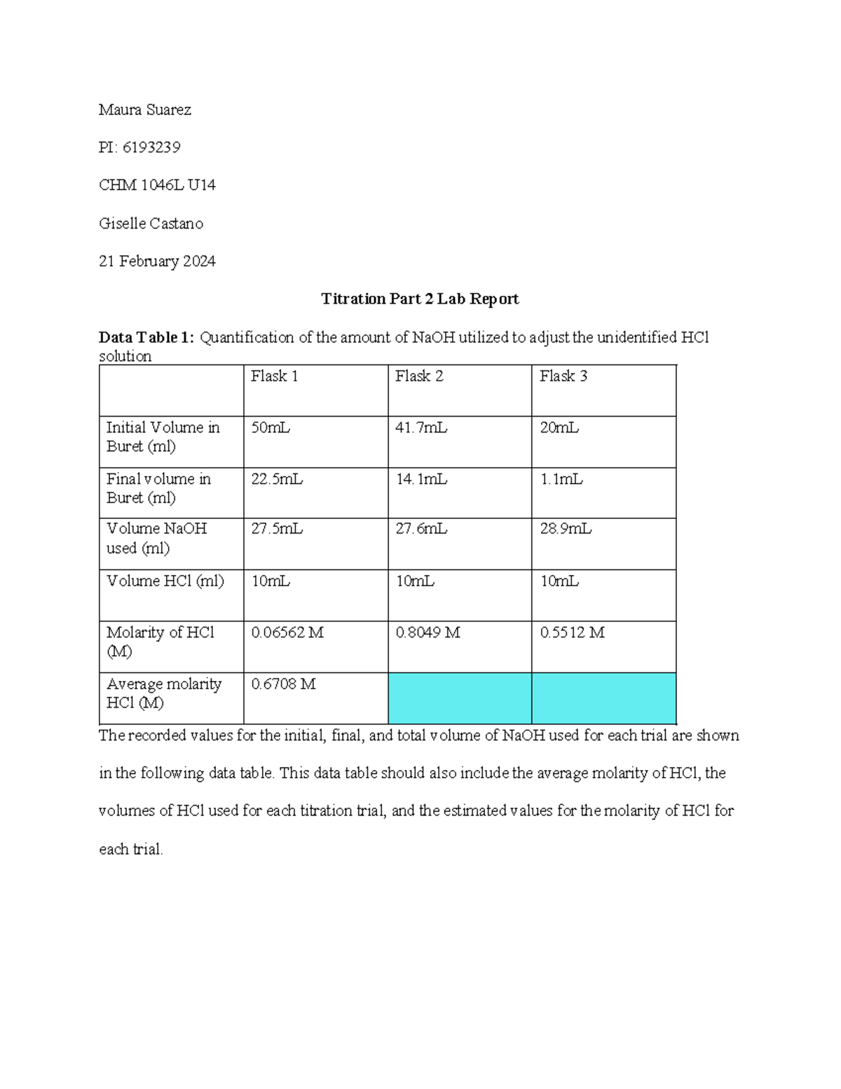 Titration 2 lab report - Maura Suarez PI: 6193239 CHM 1046L U Giselle Castano 21 February 2024 ...