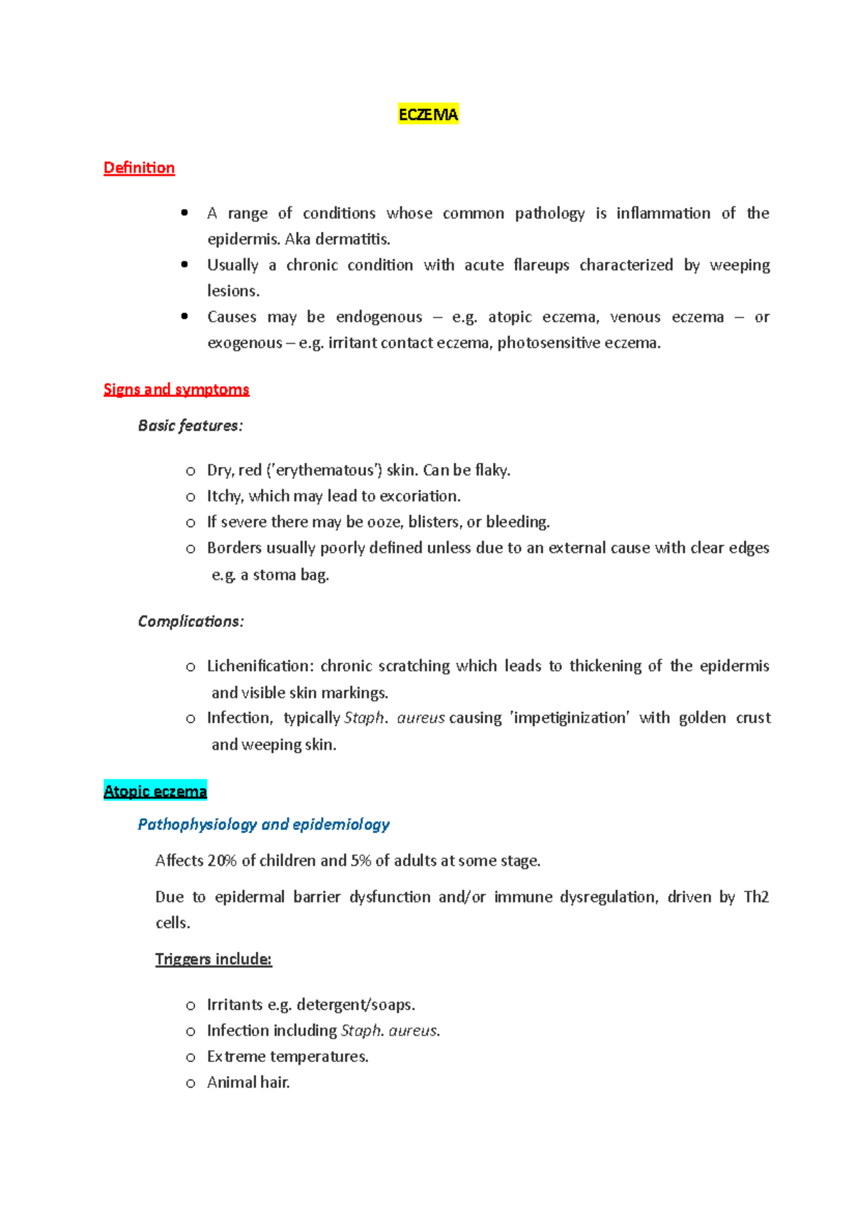 Eczema - Lecture notes 1 - ECZEMA Definition A range of conditions ...