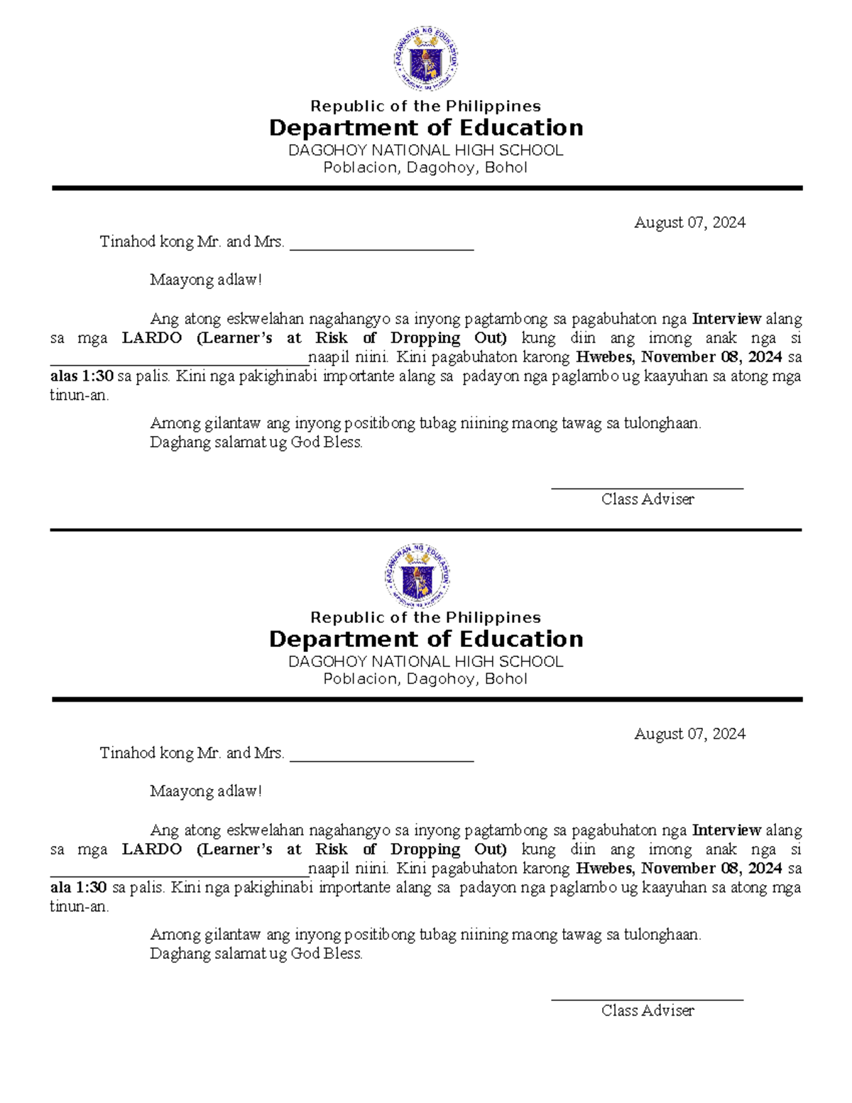 Lardo - Letter to Parents - Republic of the Philippines Department of ...