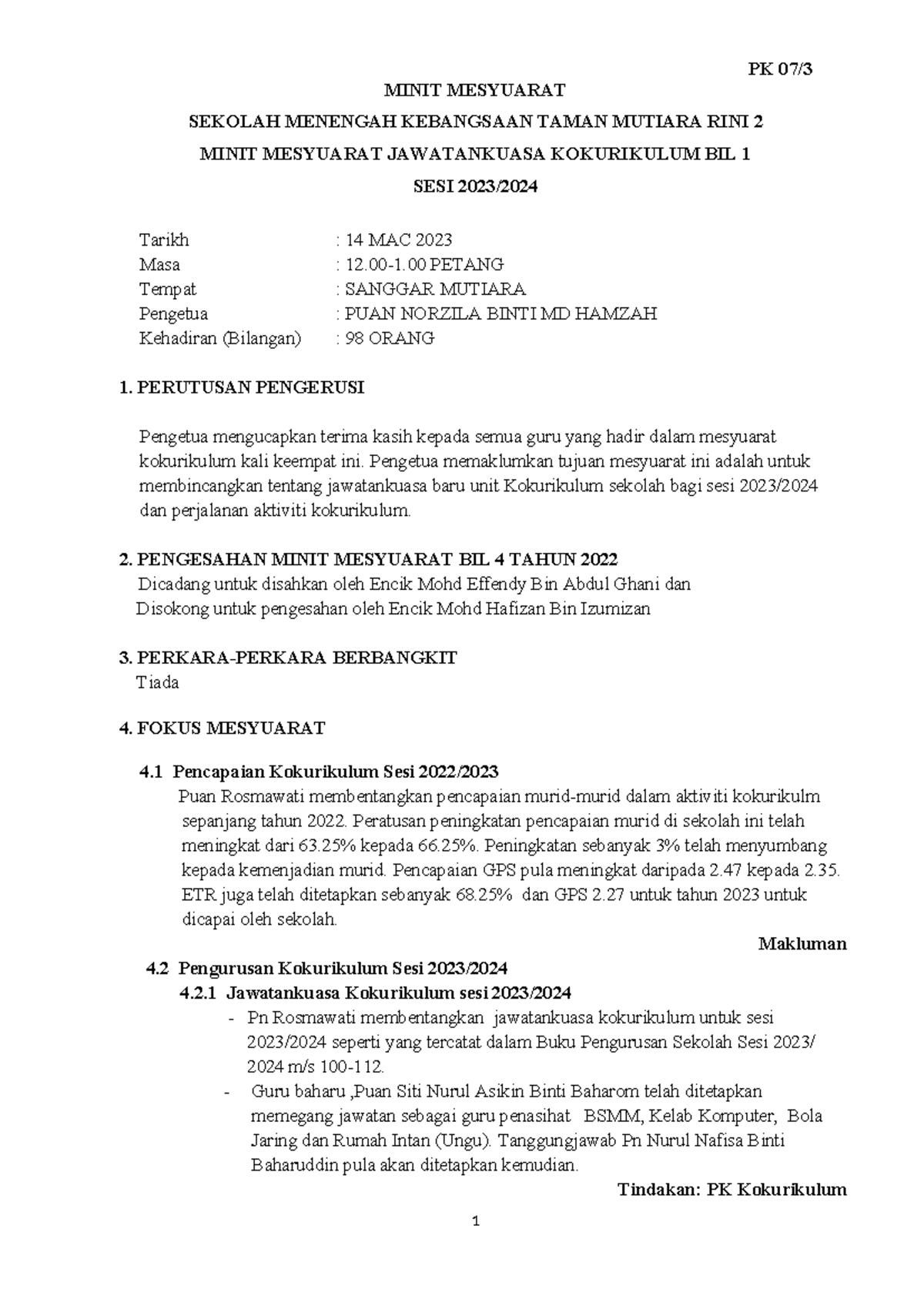 Minit Mensyuarat KOKO BIL 1 SESI 2023-2024(1) - PK 07/ MINIT MESYUARAT SEKOLAH MENENGAH ...