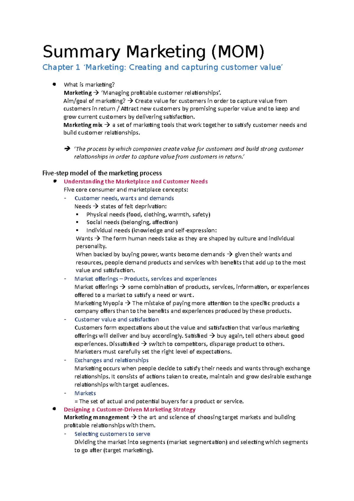 Summary MOM Marketing - Summary Marketing (MOM) Chapter 1 ‘Marketing ...
