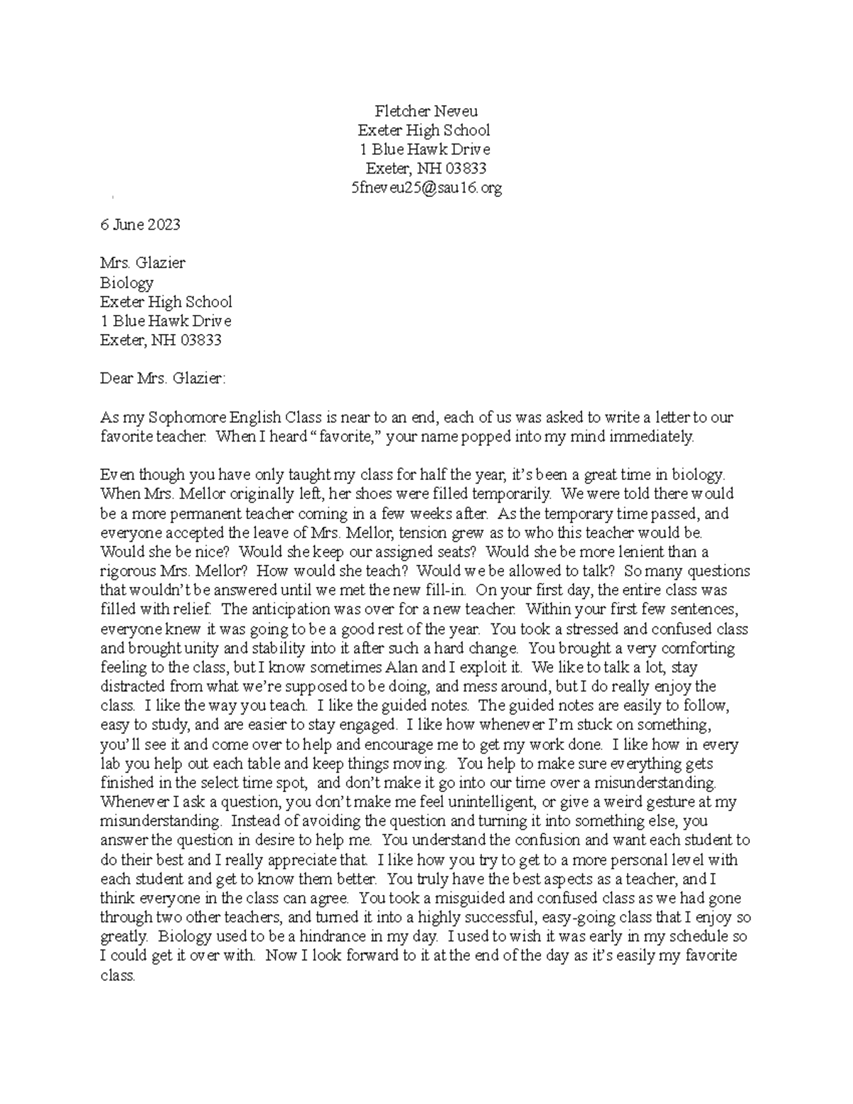 P2 Neveu Teacher Thank You Letter - Fletcher Neveu Exeter High School 1 ...