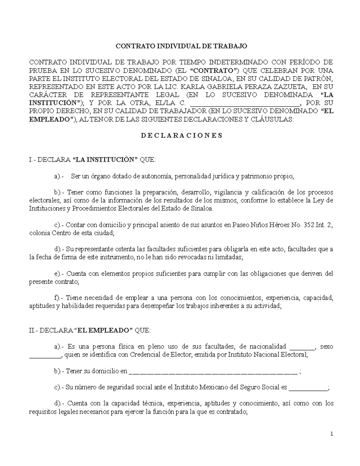 Formato Contrato Individual Trabajo - CONTRATO INDIVIDUAL DE TRABAJO ...