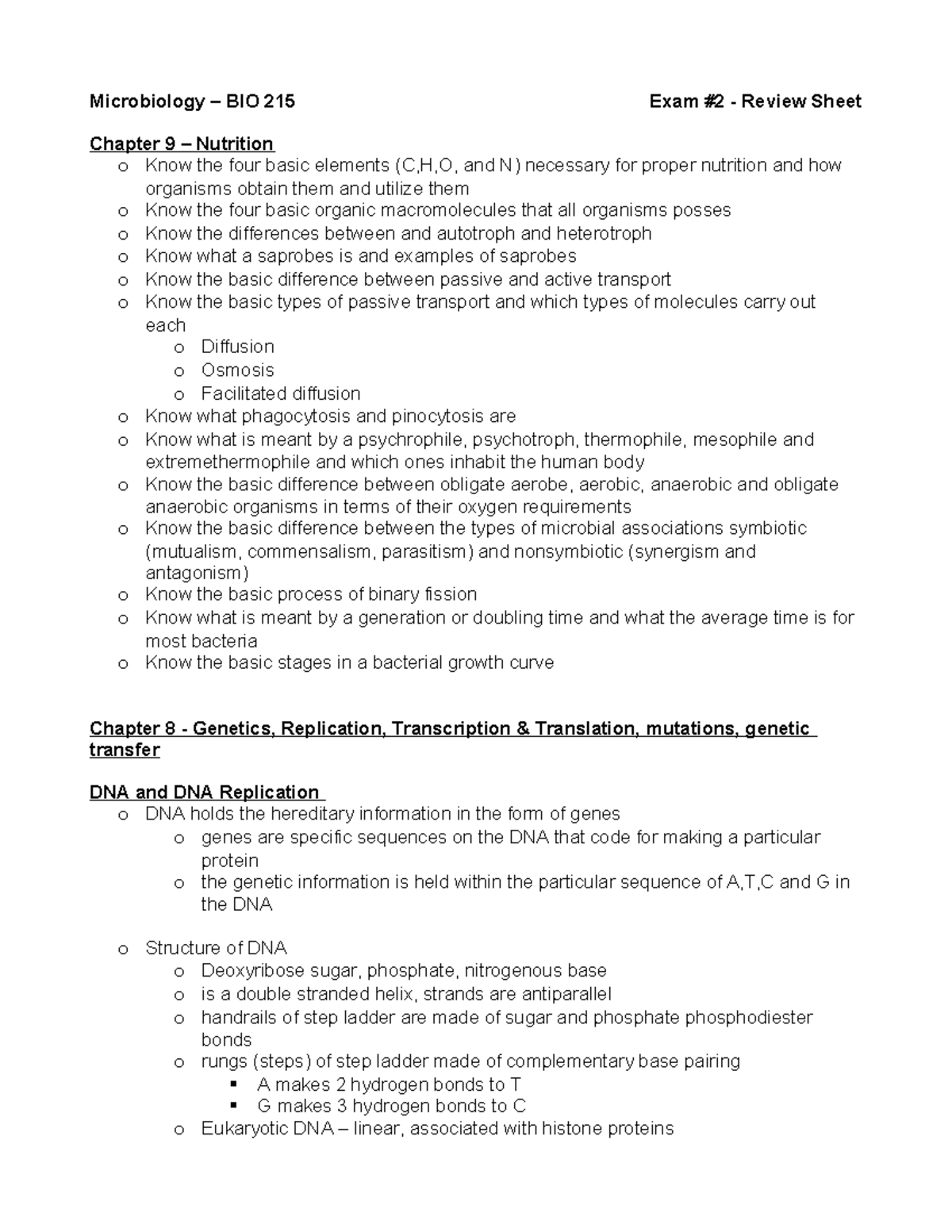 Microbio Exam 2 Review - Microbiology – BIO 215 Exam #2 - Review Sheet ...