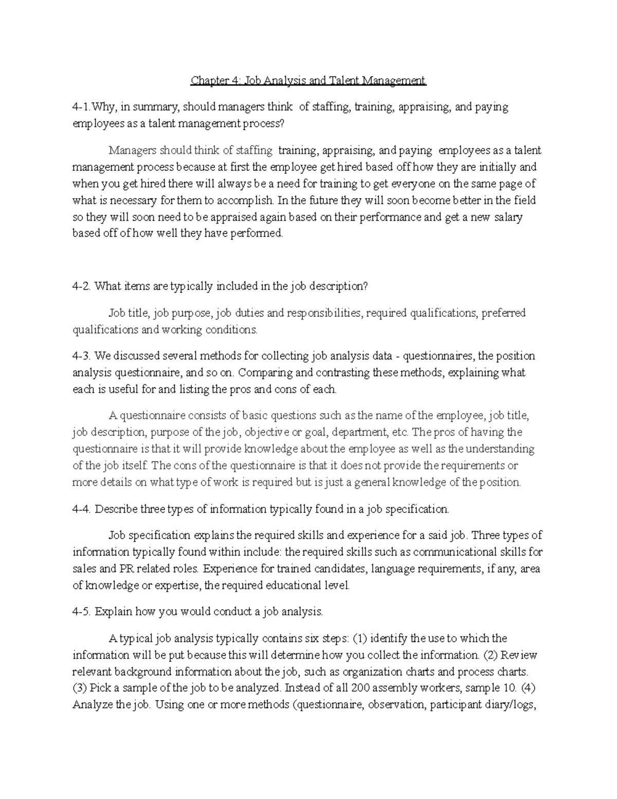 MGT 410 CH 4 HW - homework assignment 4 - Chapter 4: Job Analysis and Talent Management 4-1, in ...