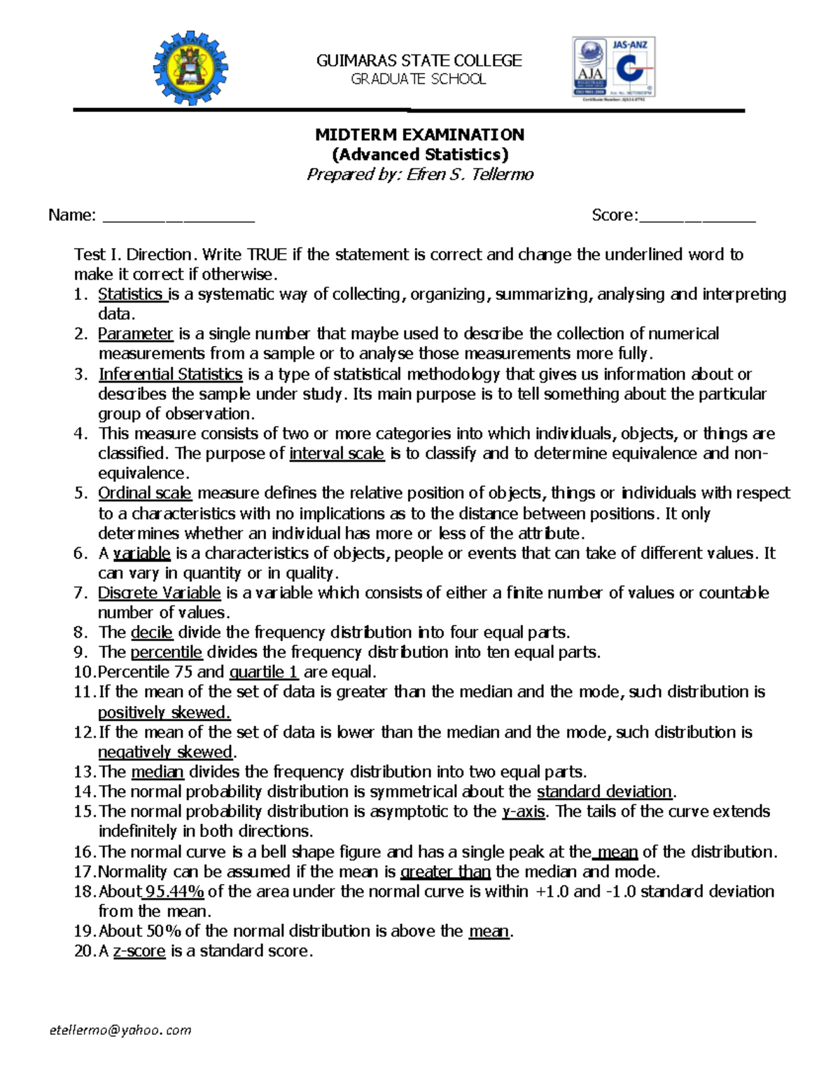 Midterm exam in stat - statistics - GUIMARAS STATE COLLEGE GRADUATE ...